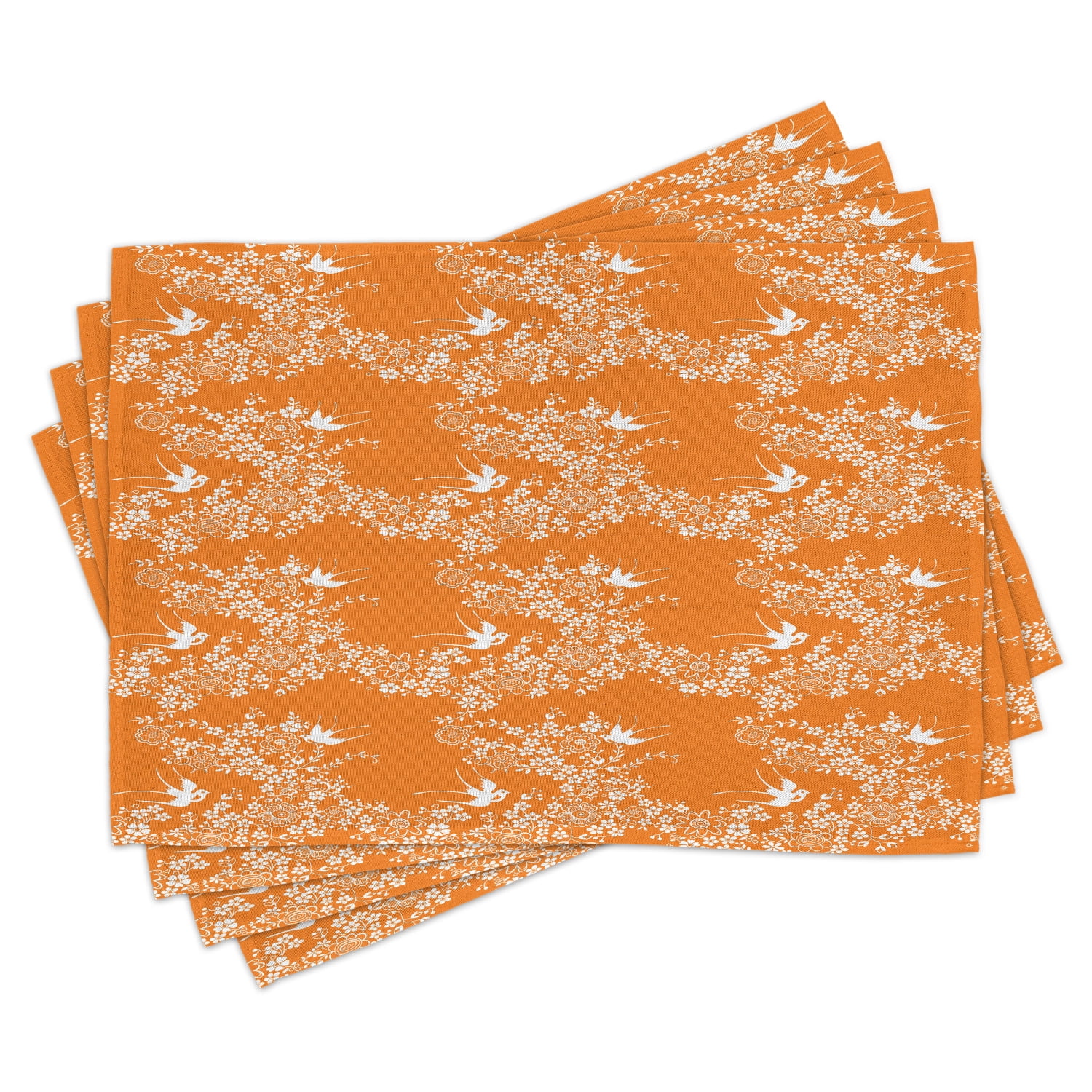 Ambesonne Orange Place Mats Set of 4, Blossoms and Birds, Standard Size ...
