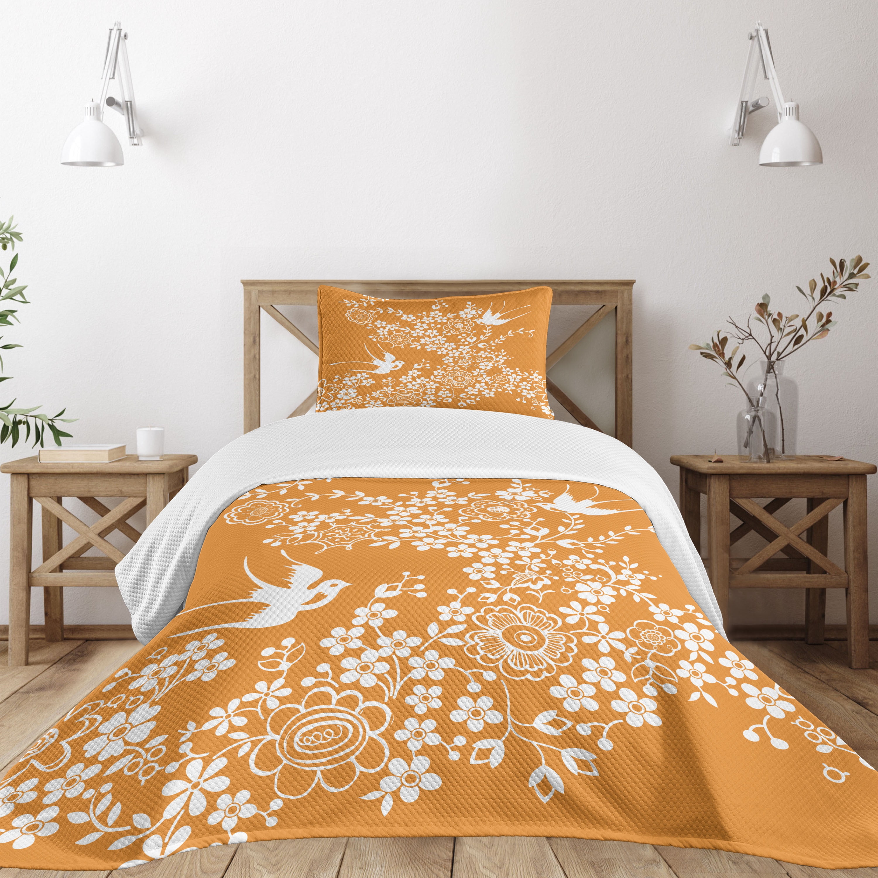 Ambesonne Orange Quilted Bedspread Set 2 Pcs, Japanese Tree Birds Art ...
