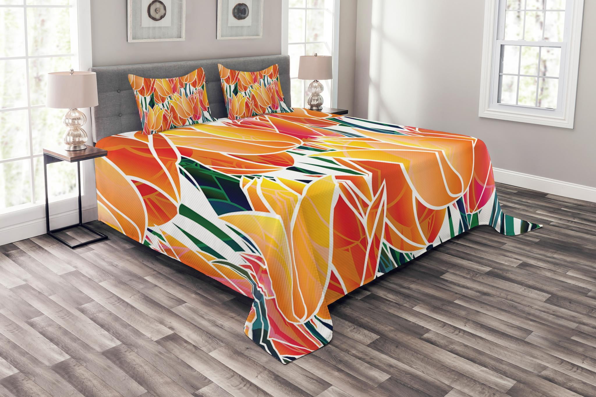 Ambesonne Orange Quilted Bedspread Set 3 Pcs, Floral Tulip Garden, King ...