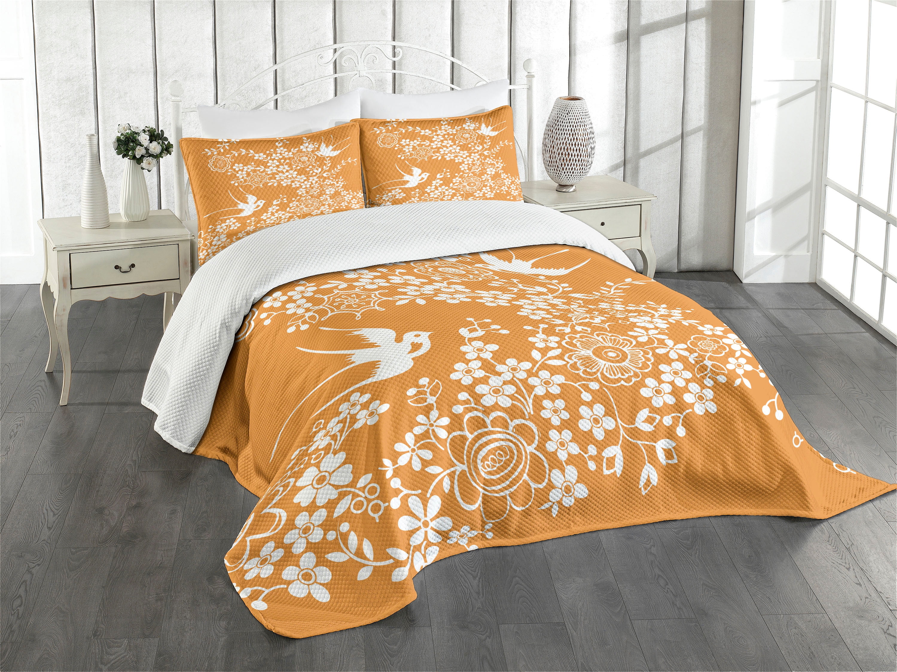 Ambesonne Orange Quilted Bedspread Set 3 Pcs, Japanese Tree Birds Art ...