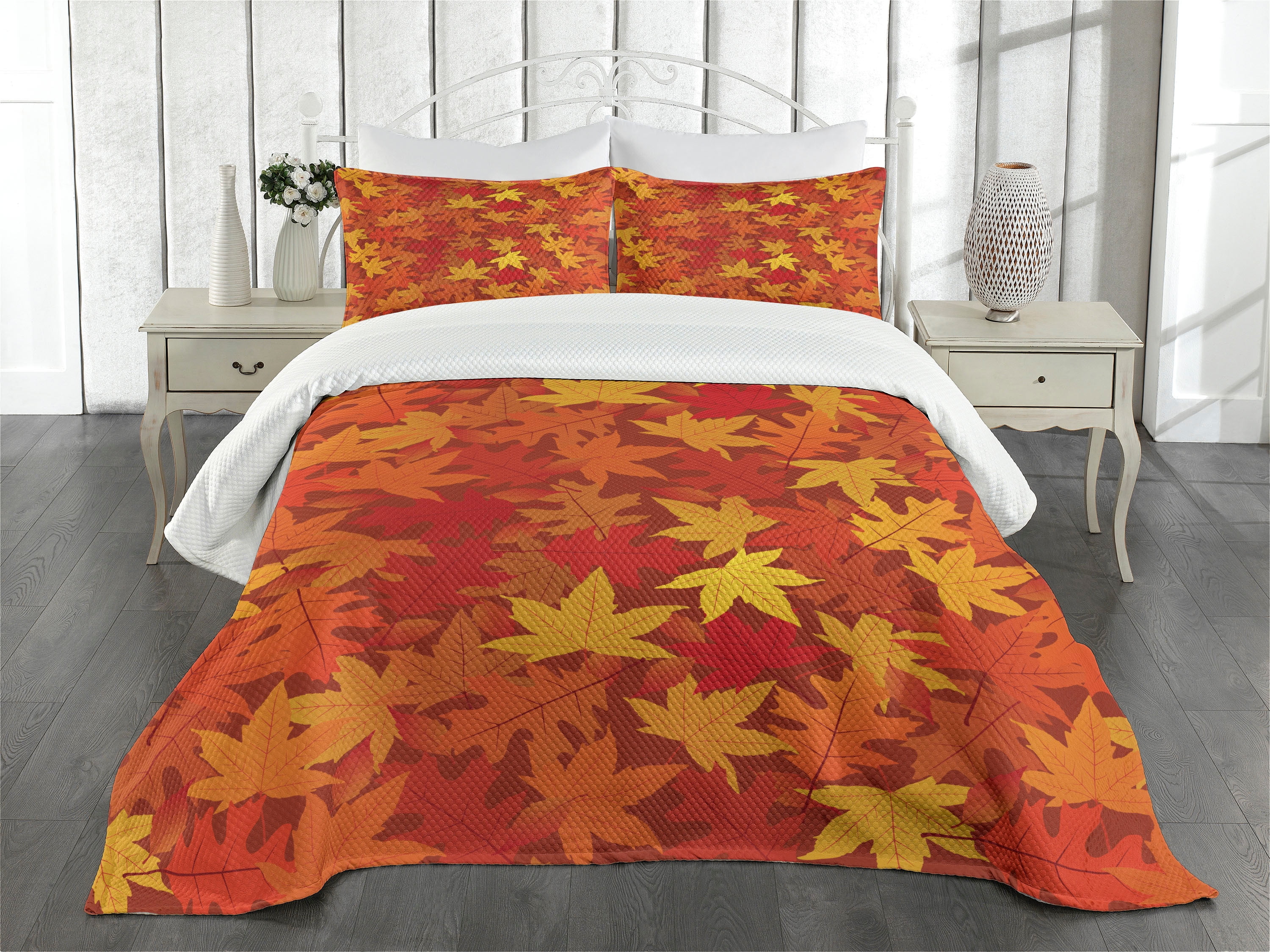 Ambesonne Orange Quilted Bedspread Set 3 Pcs, Nature Designs, Queen ...
