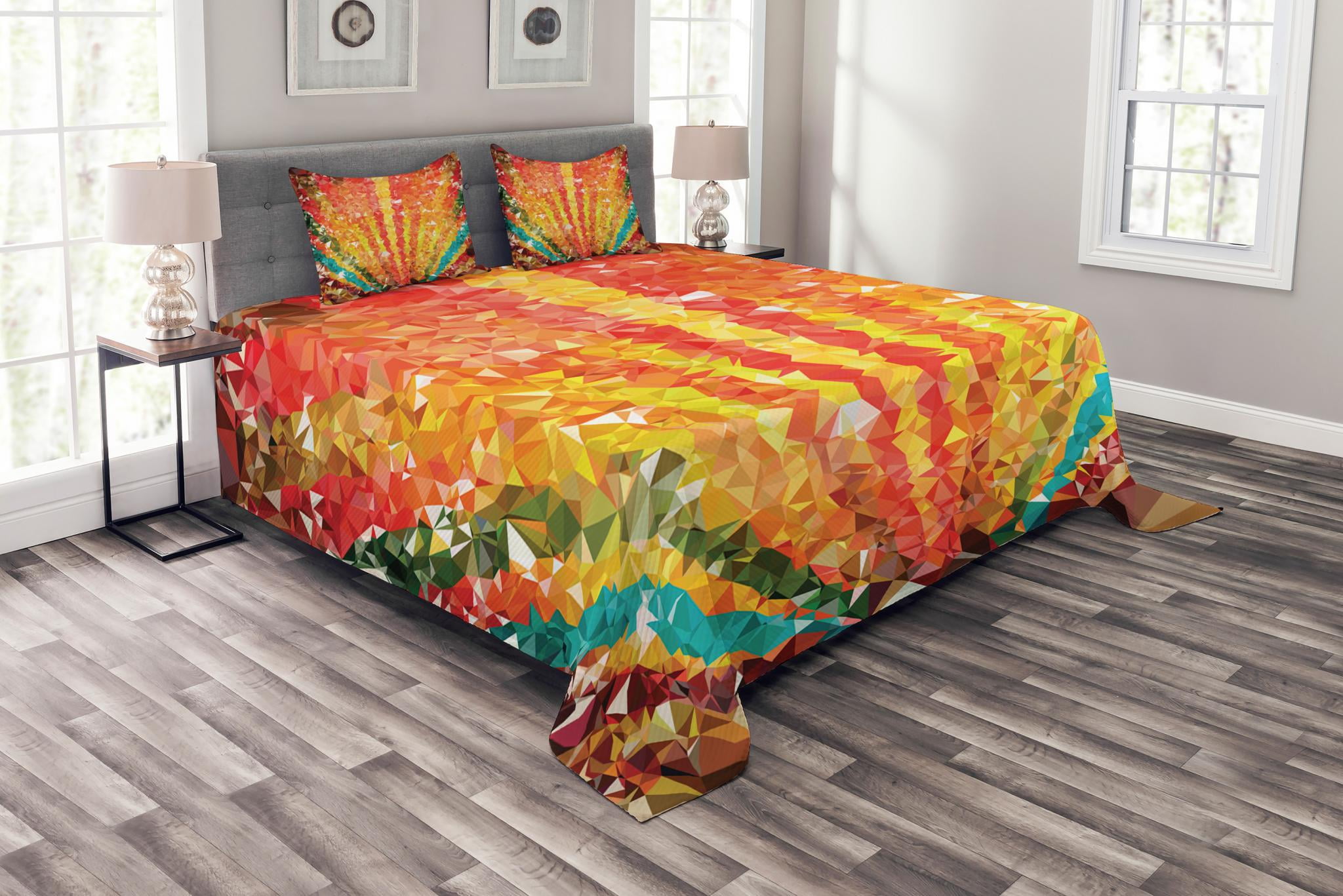 Ambesonne Orange Quilted Bedspread Set 3 Pcs, Rainbow with Diamonds ...