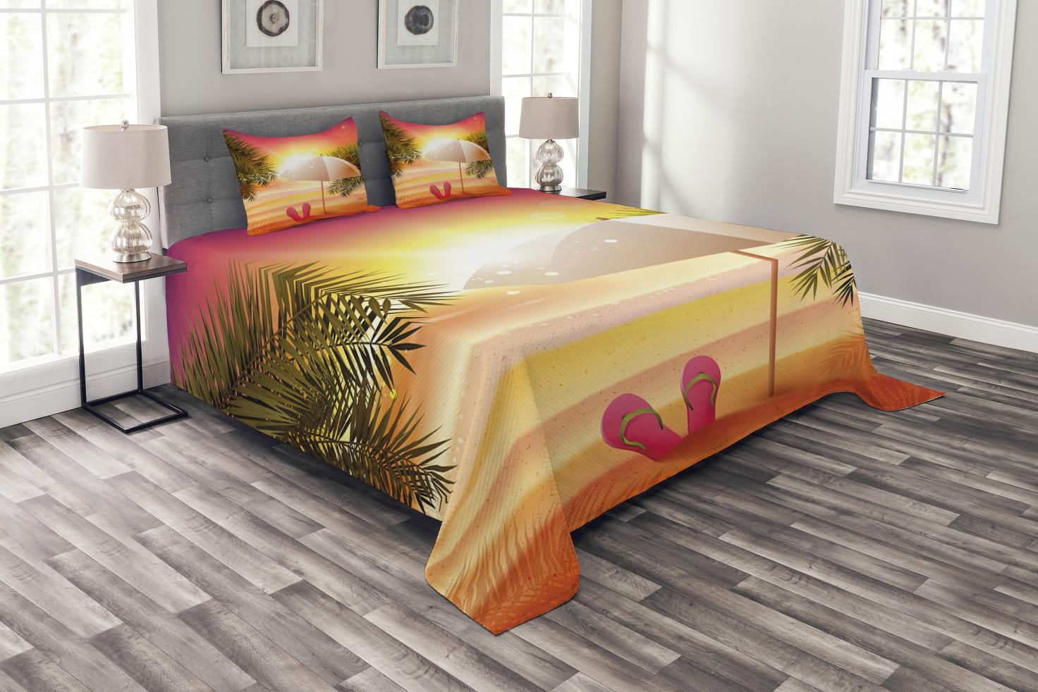 Ambesonne Orange Quilted Bedspread Set 3 Pcs, Summer Sunset on Beach ...