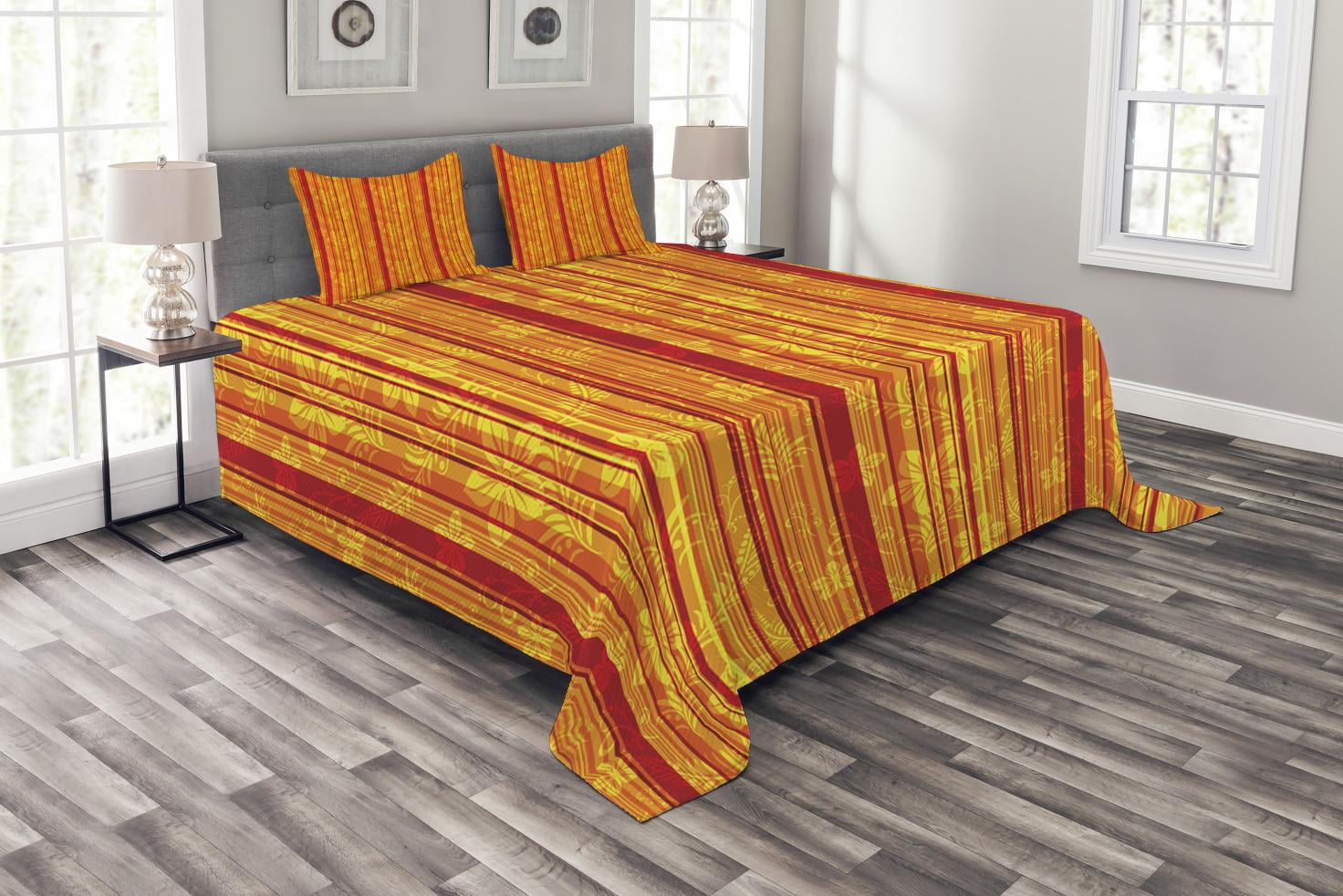 Ambesonne Orange Quilted Bedspread Set 3 Pcs, Vertical Stripes Floral ...
