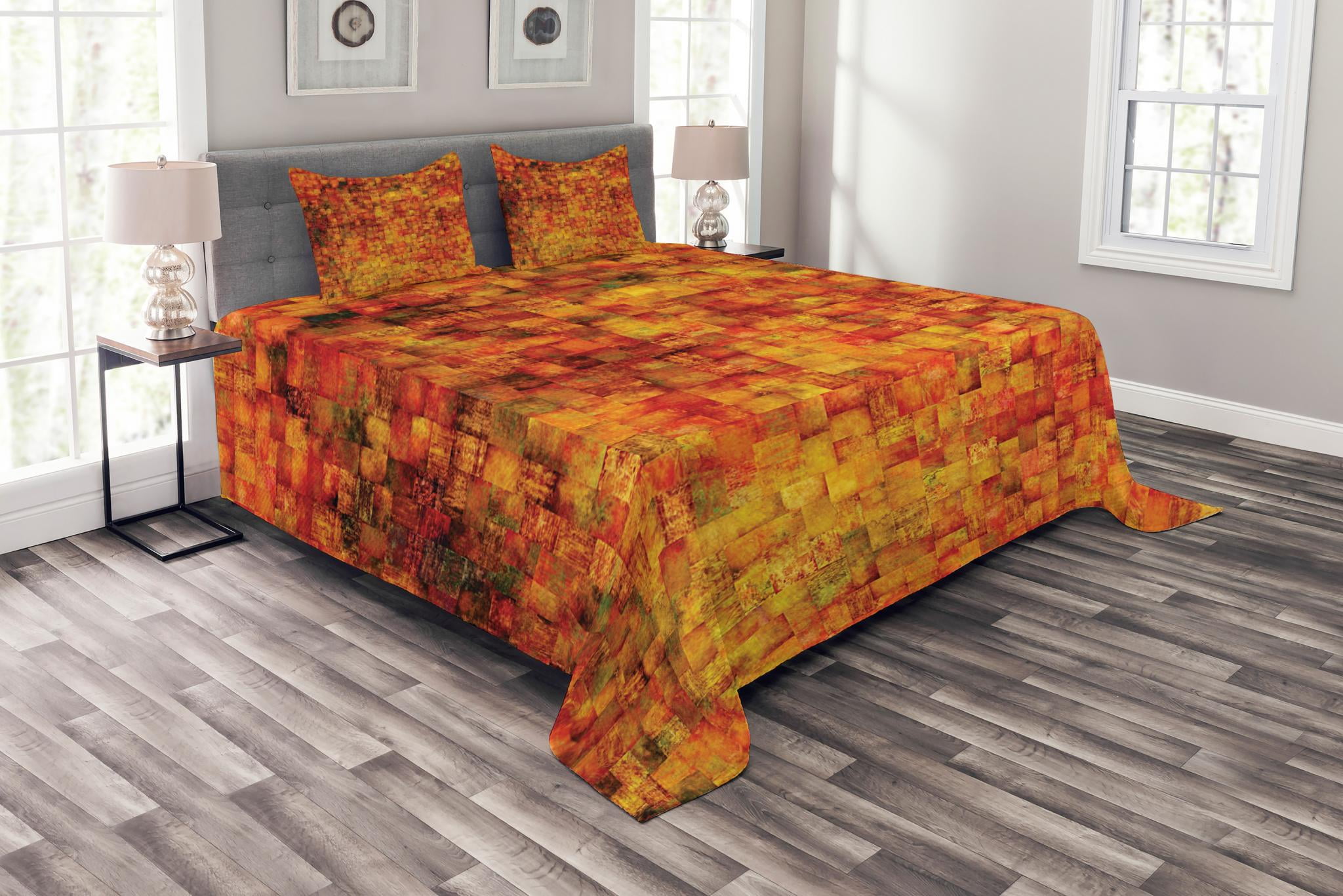 Ambesonne Orange Quilted Bedspread Set 3 Pcs, Vintage Mosaic Grunge ...