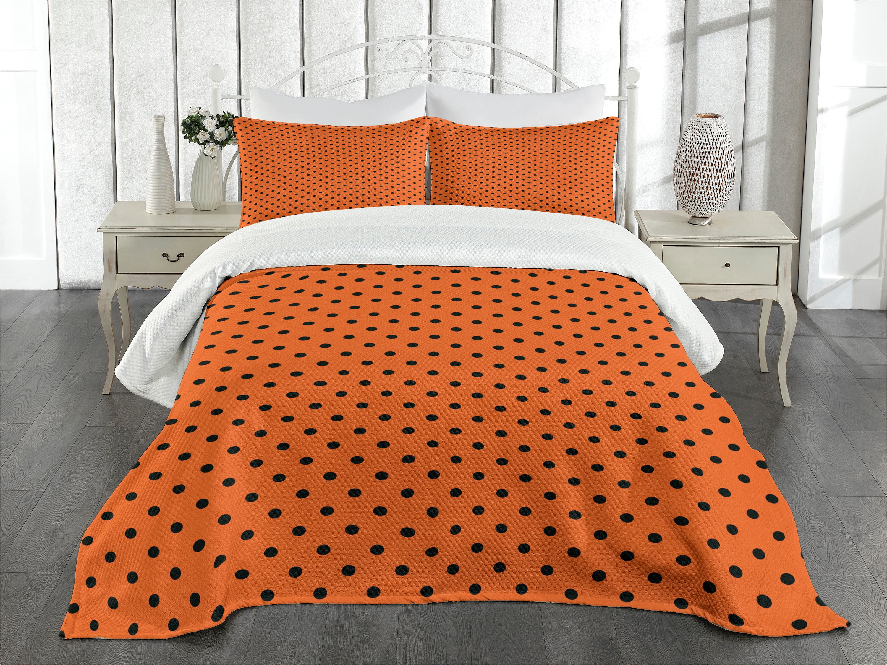 Ambesonne Orange Quilted Bedspread Set 3 Pcs, Vintage Polka Dots Tile ...