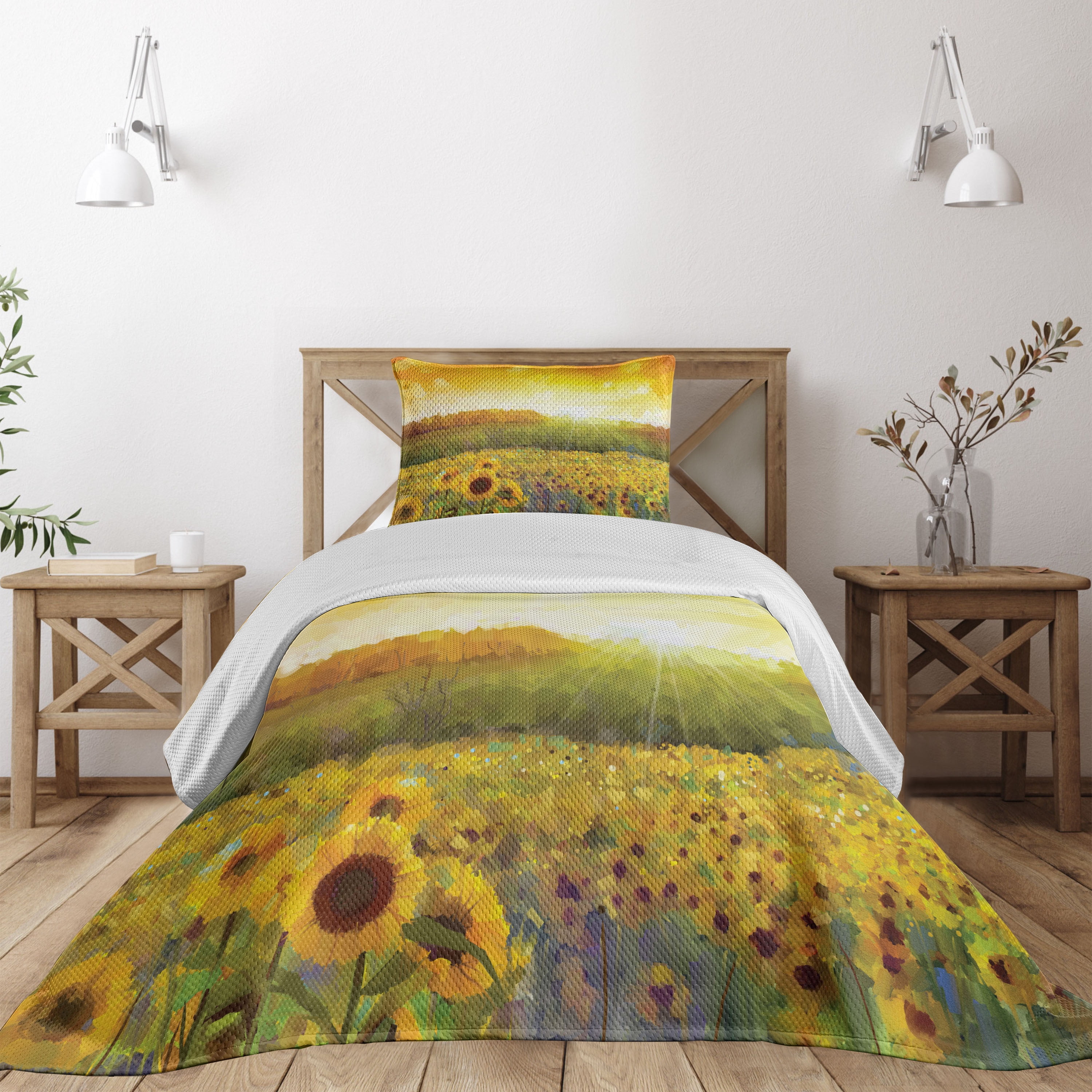 Ambesonne Oranger Quilted Coverlet 2 Pcs, Golden Sunflower Field, Twin ...