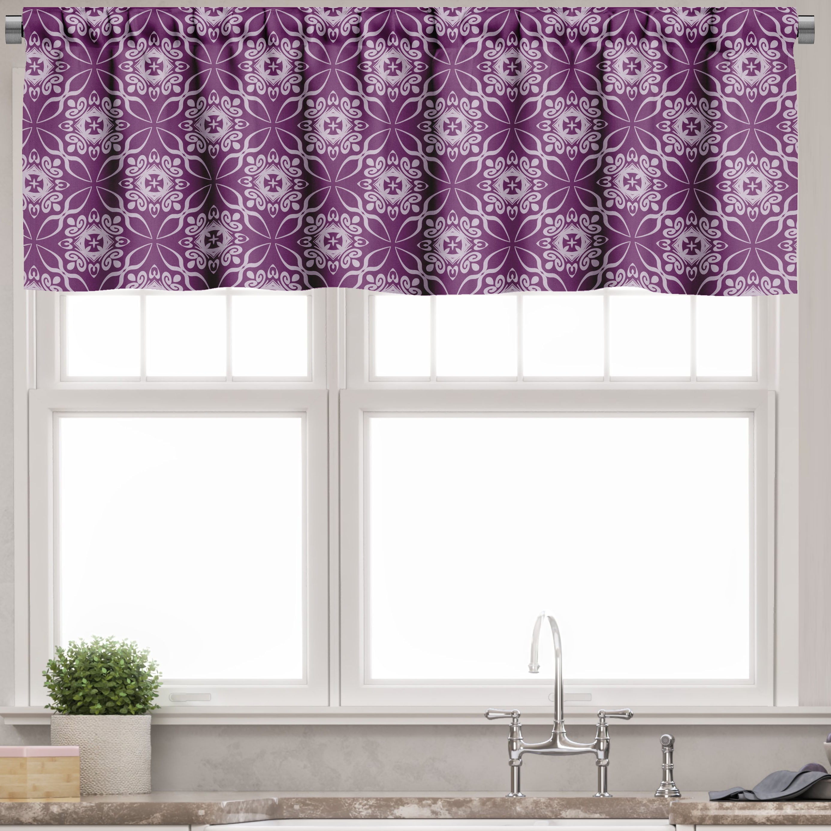 Ambesonne Oriental Window Valance, Floral Tiles Purple Tones, 54" X 18 ...