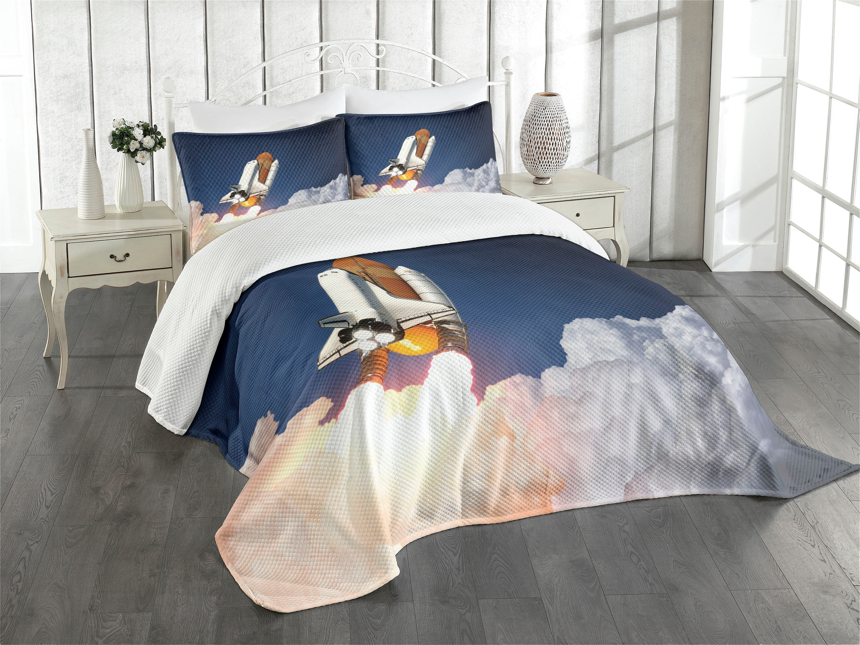 Ambesonne Outer Space Quilted Bedspread Set 3 Pcs, Rocket Lift Blast ...