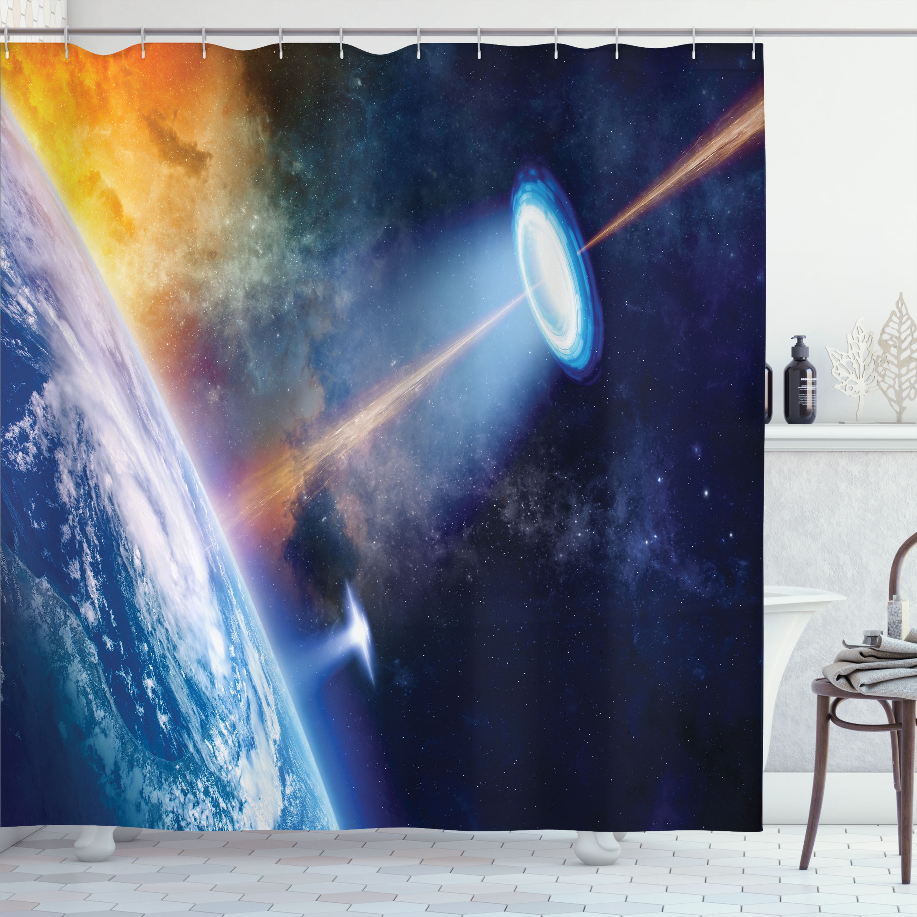 Ambesonne Outer Space Shower Curtain, UFO on Earth Sci-Fi, 69"Wx84"L, Blue Orange - Walmart.com