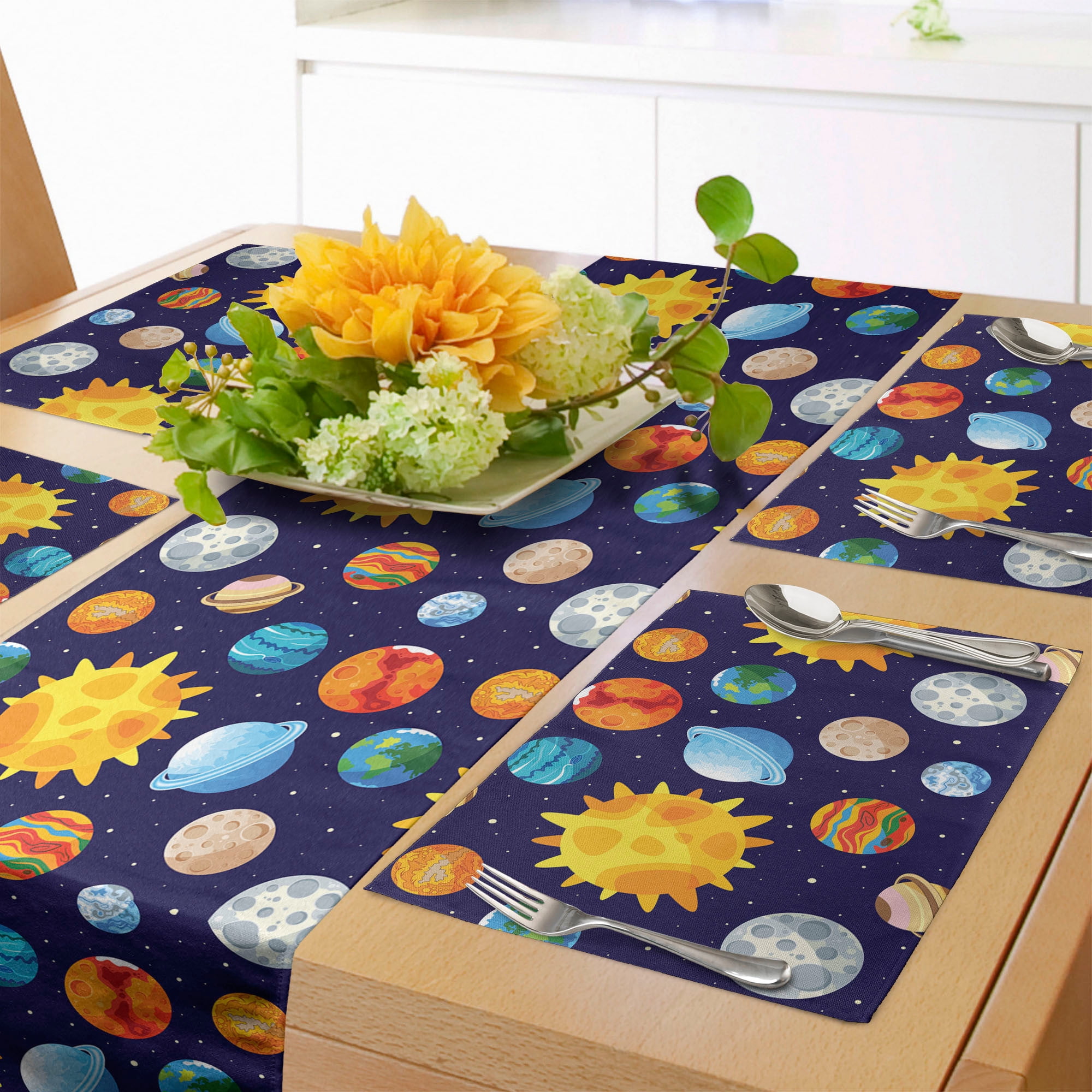 Ambesonne Outer Space Table Runner & Placemats, Colorful Planet Cartoon ...