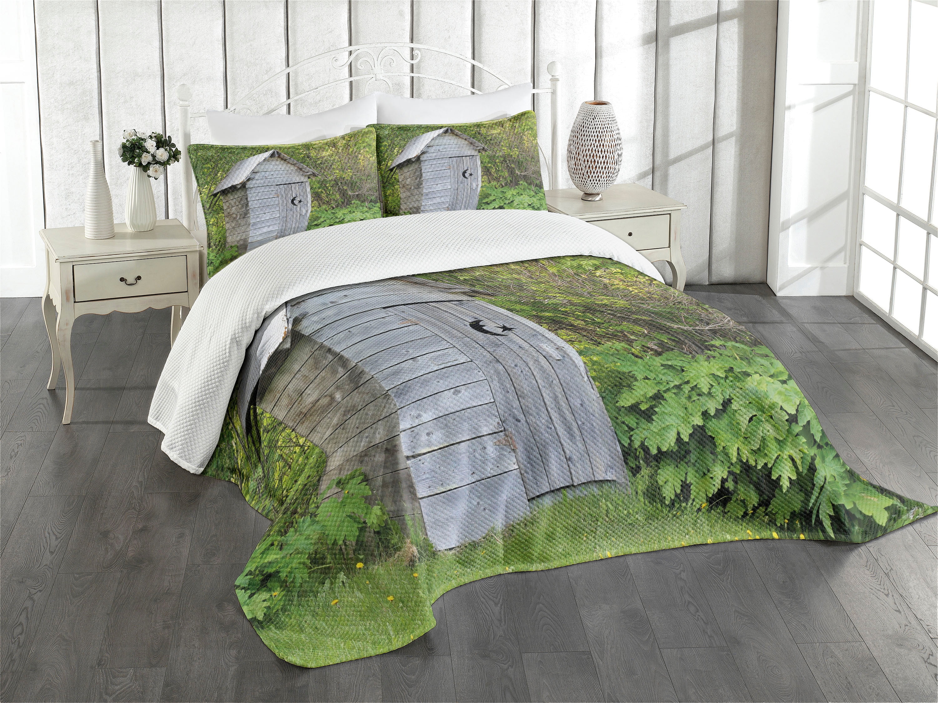 Ambesonne Outhouse Quilted Bedspread Set 3 Pcs, Farm Cottage Forest ...