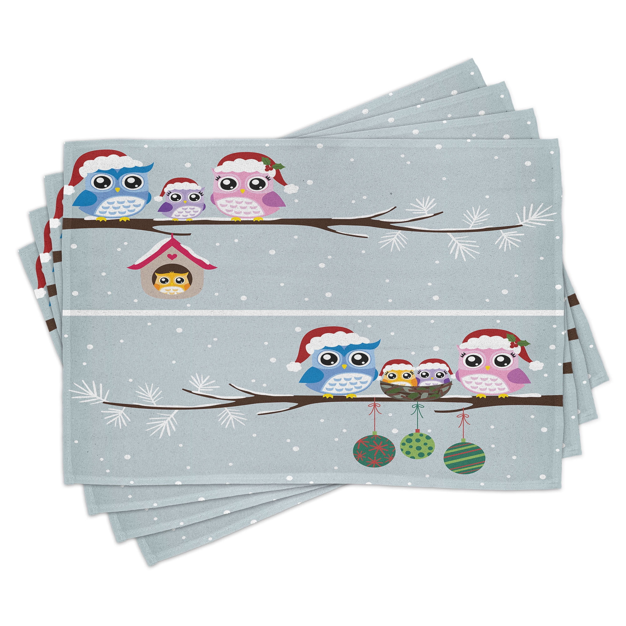 Ambesonne Owl Place Mats Set of 4, Owls with Santa Hats, Standard Size ...