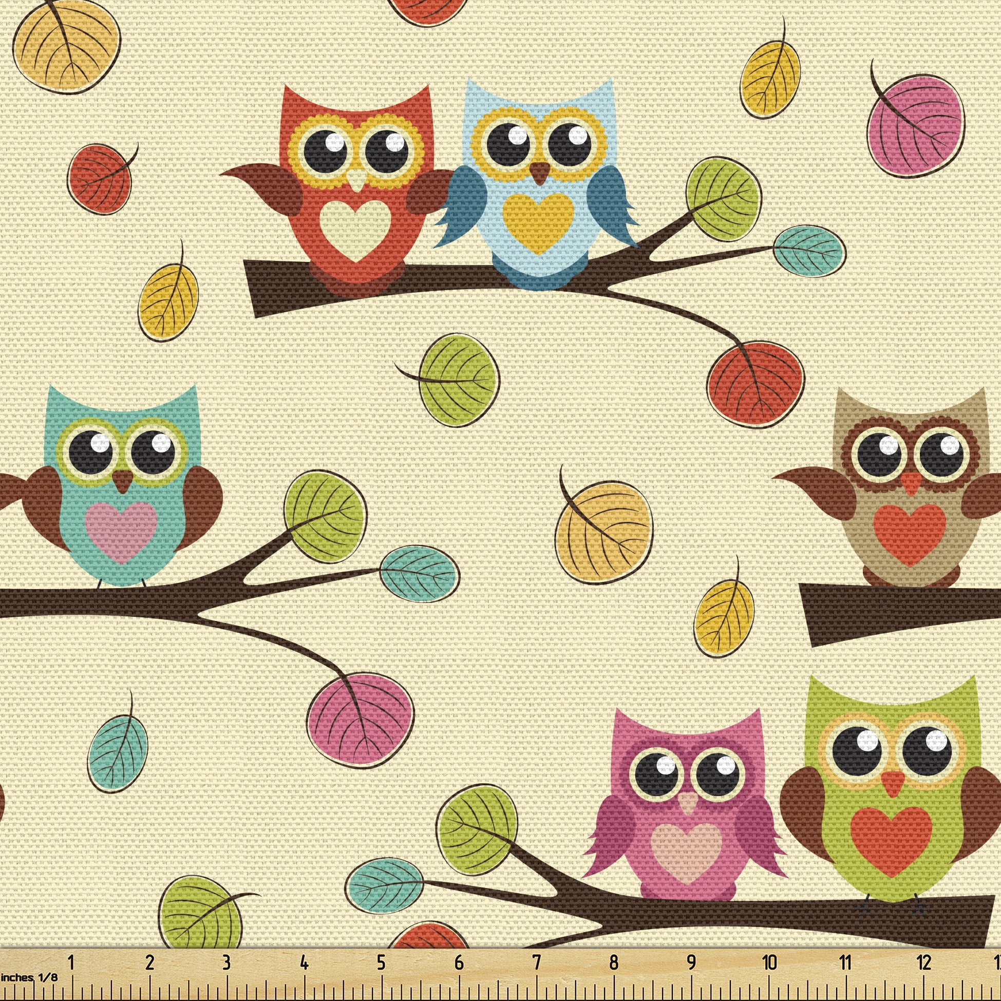 Ambesonne Owl Print Fabric by the Yard Upholstery, Vivid Fallen Leaves ...