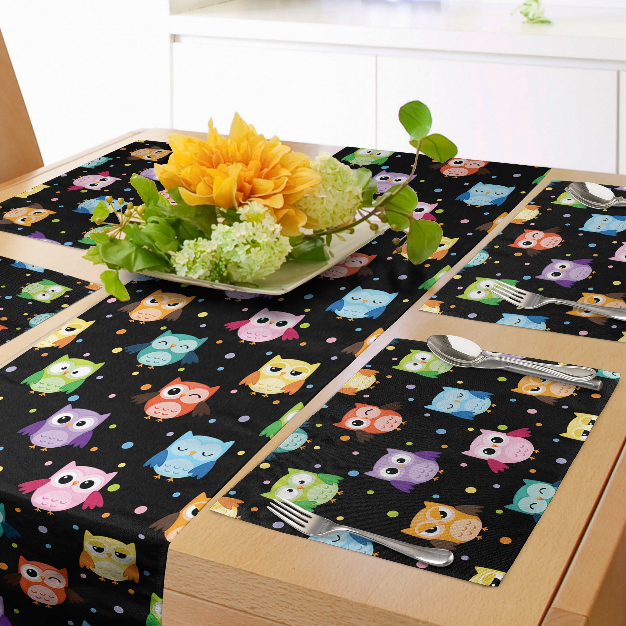 Ambesonne Owls Table Runner & Placemats, Funny Confused Serious ...