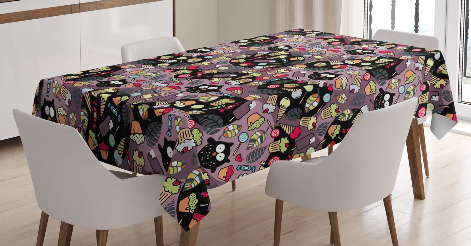 Ambesonne Owls Tablecloth Rectangular Table Cover, Crazy Birds Tasty ...