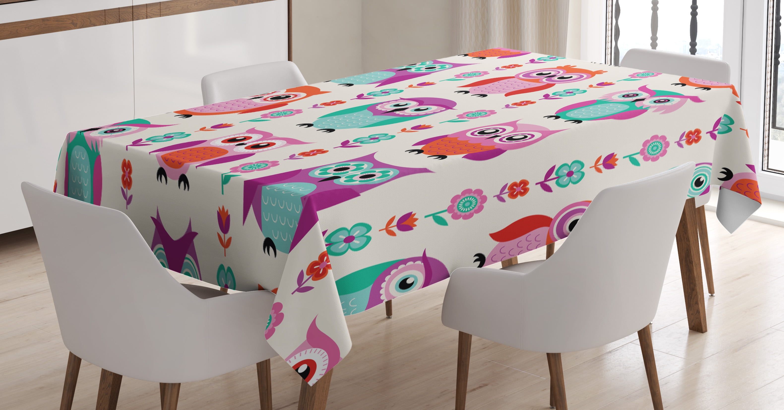 Ambesonne Owls Tablecloth Rectangular Table Cover, Flowers Vibrant ...