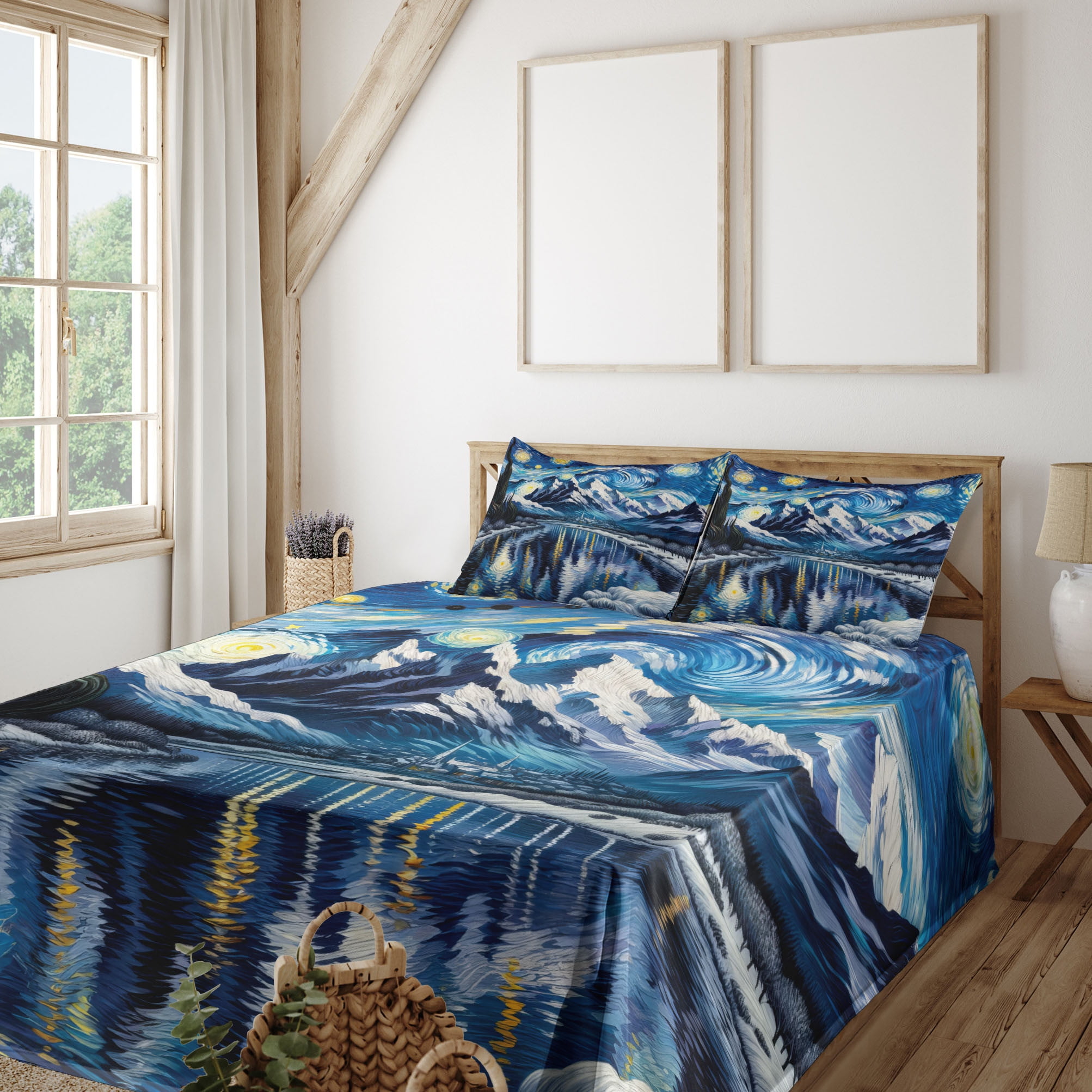 Ambesonne Painting Art Fitted & Top Sheet Set with Shams, Starry Sky ...