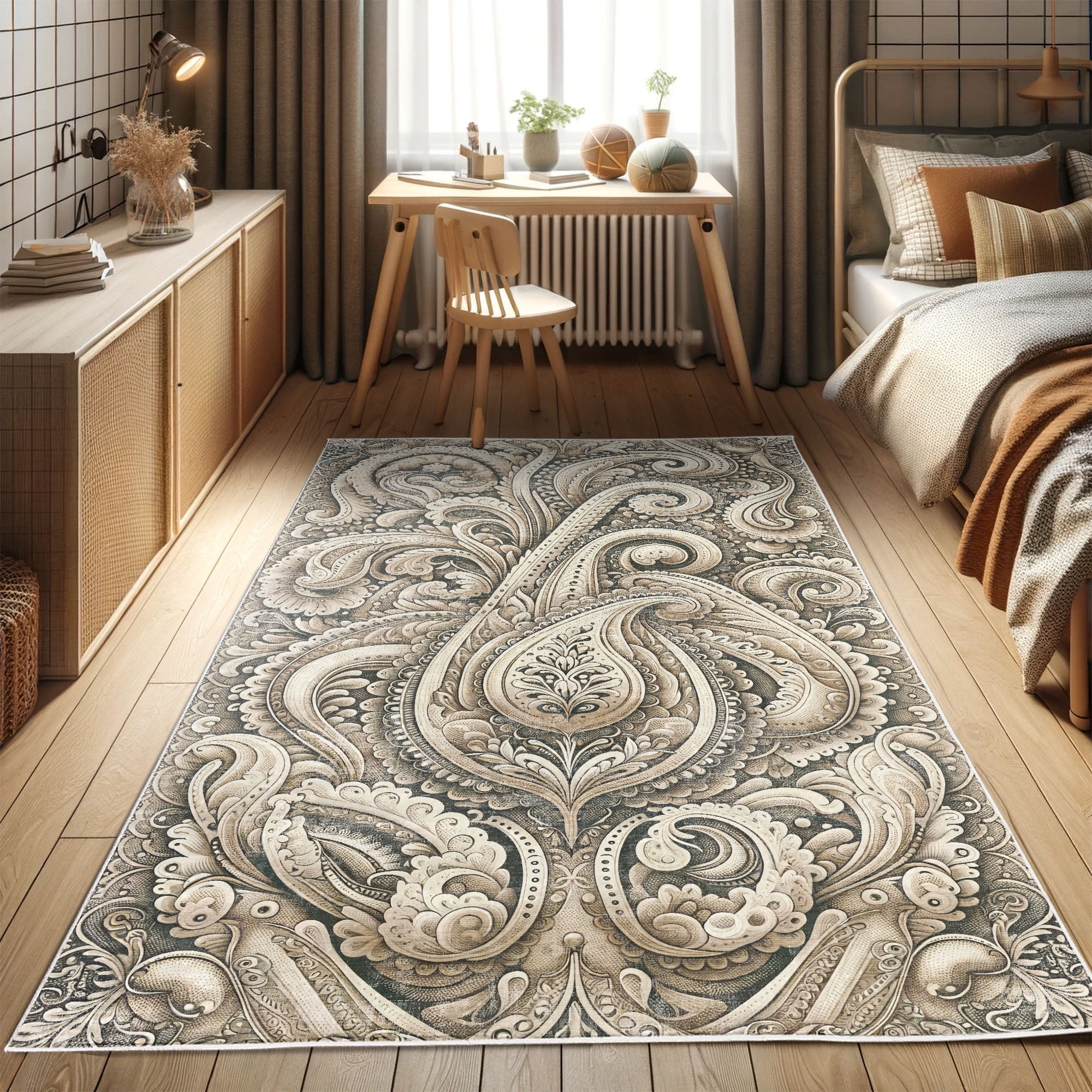 Ambesonne Paisley Decorative Rug Carpet, Ethnic Tangled Neutral Tone, 2 ...
