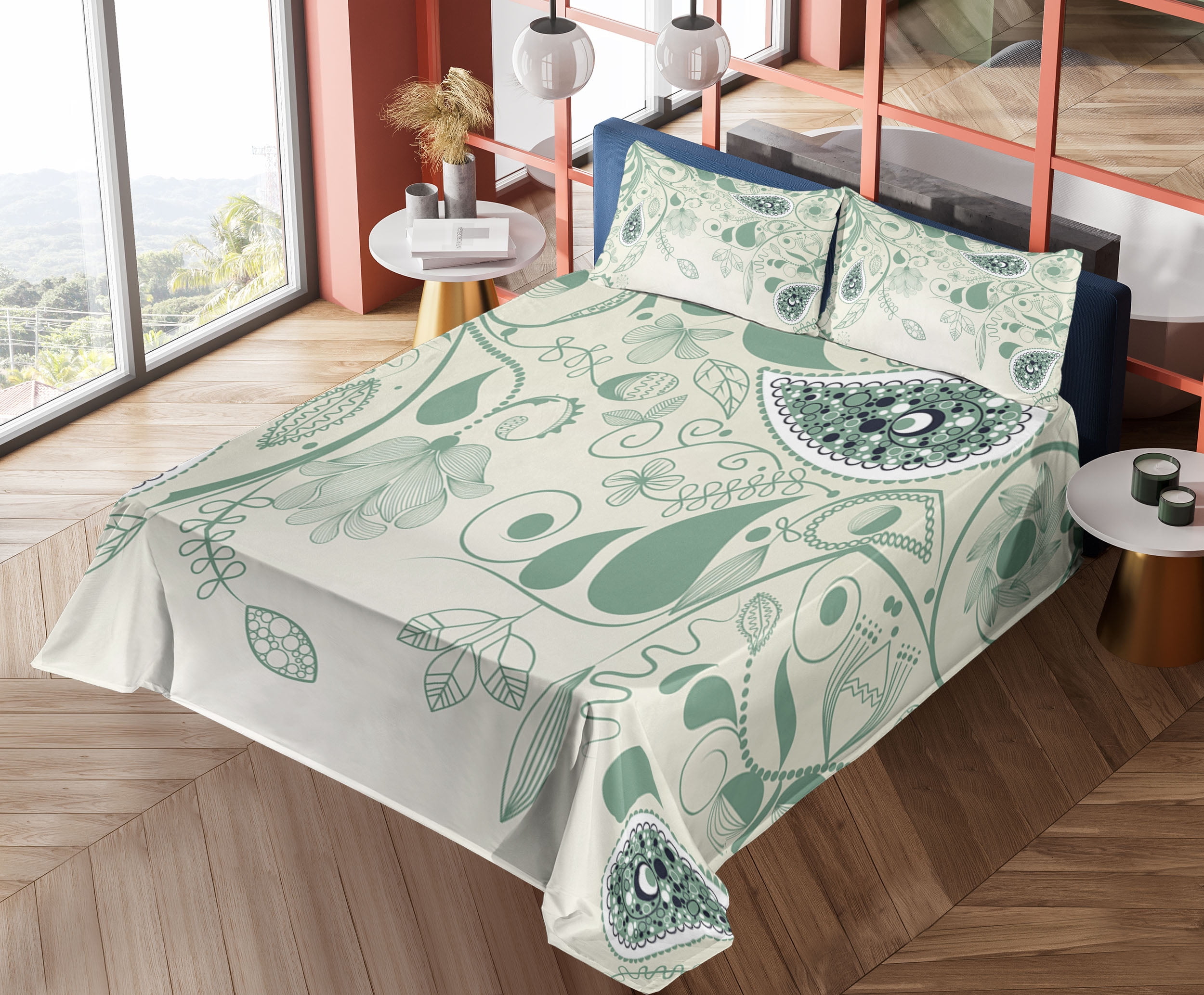 Ambesonne Paisley Fitted & Top Sheet Set with Shams, Floral Vintage ...