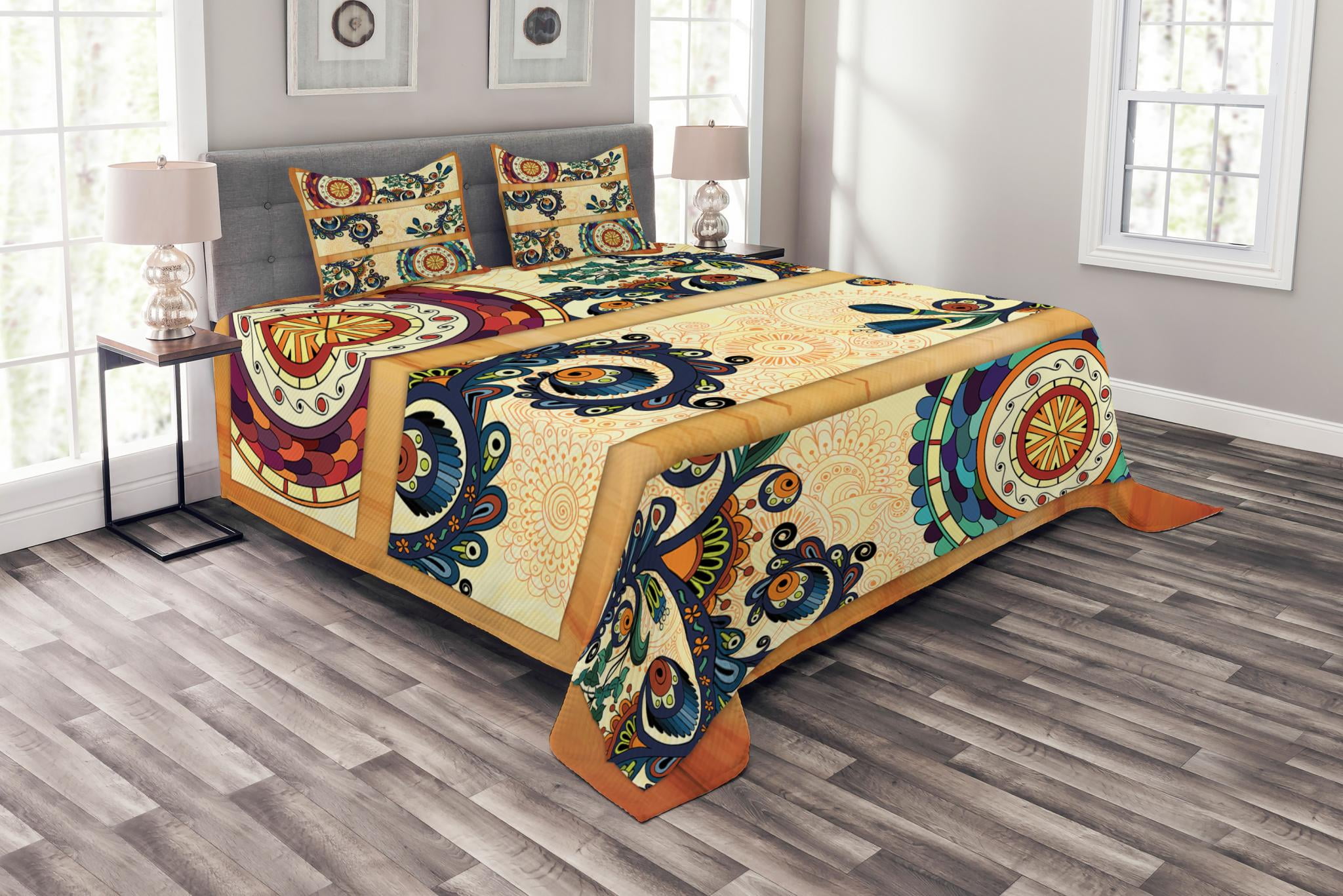 Ambesonne Paisley Quilted Bedspread Set 3 Pcs, Eastern Batik Style, Queen Size, Multicolor ...