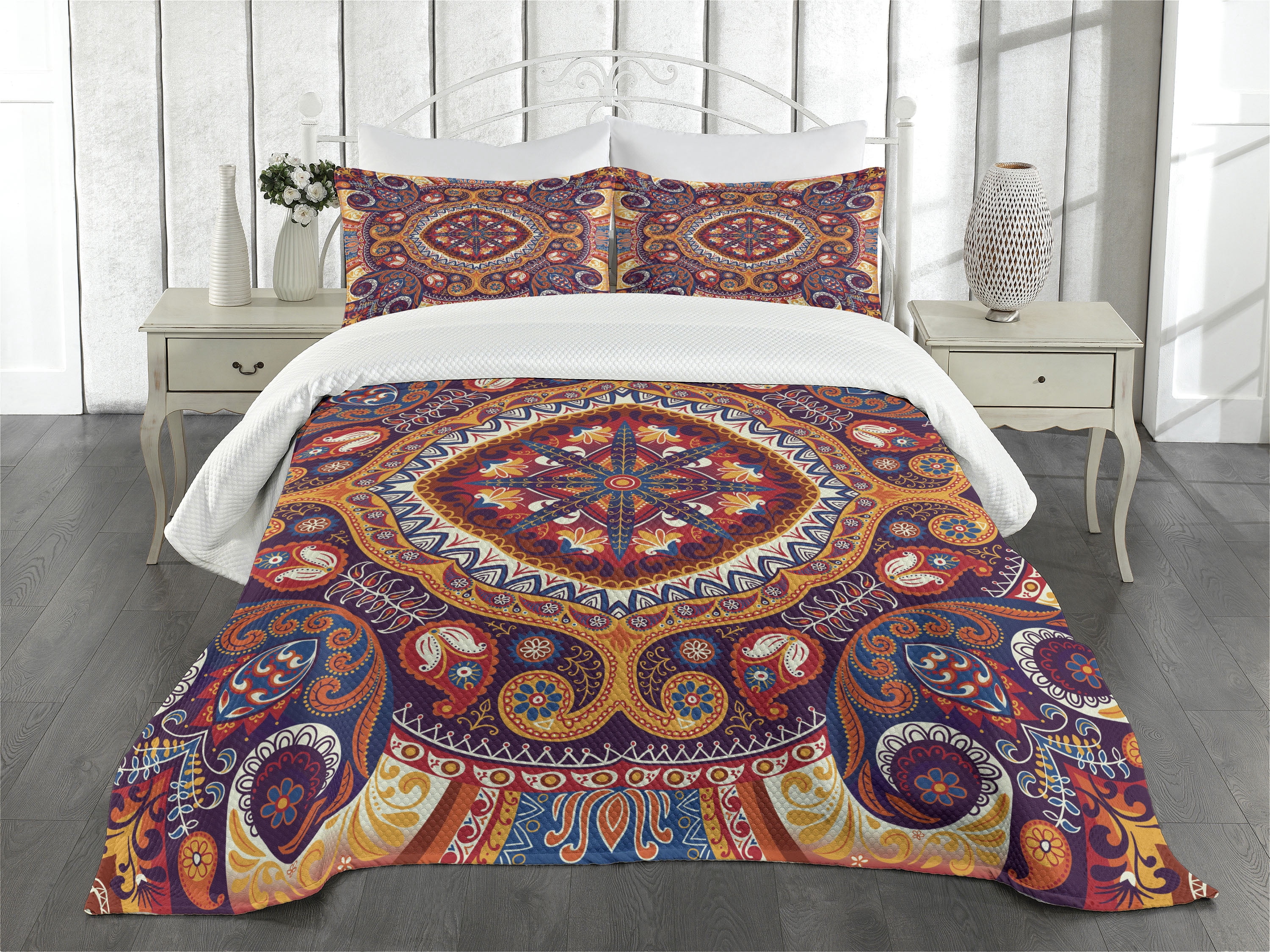 Ambesonne Paisley Quilted Bedspread Set 3 Pcs, Flower Rug, King Size ...