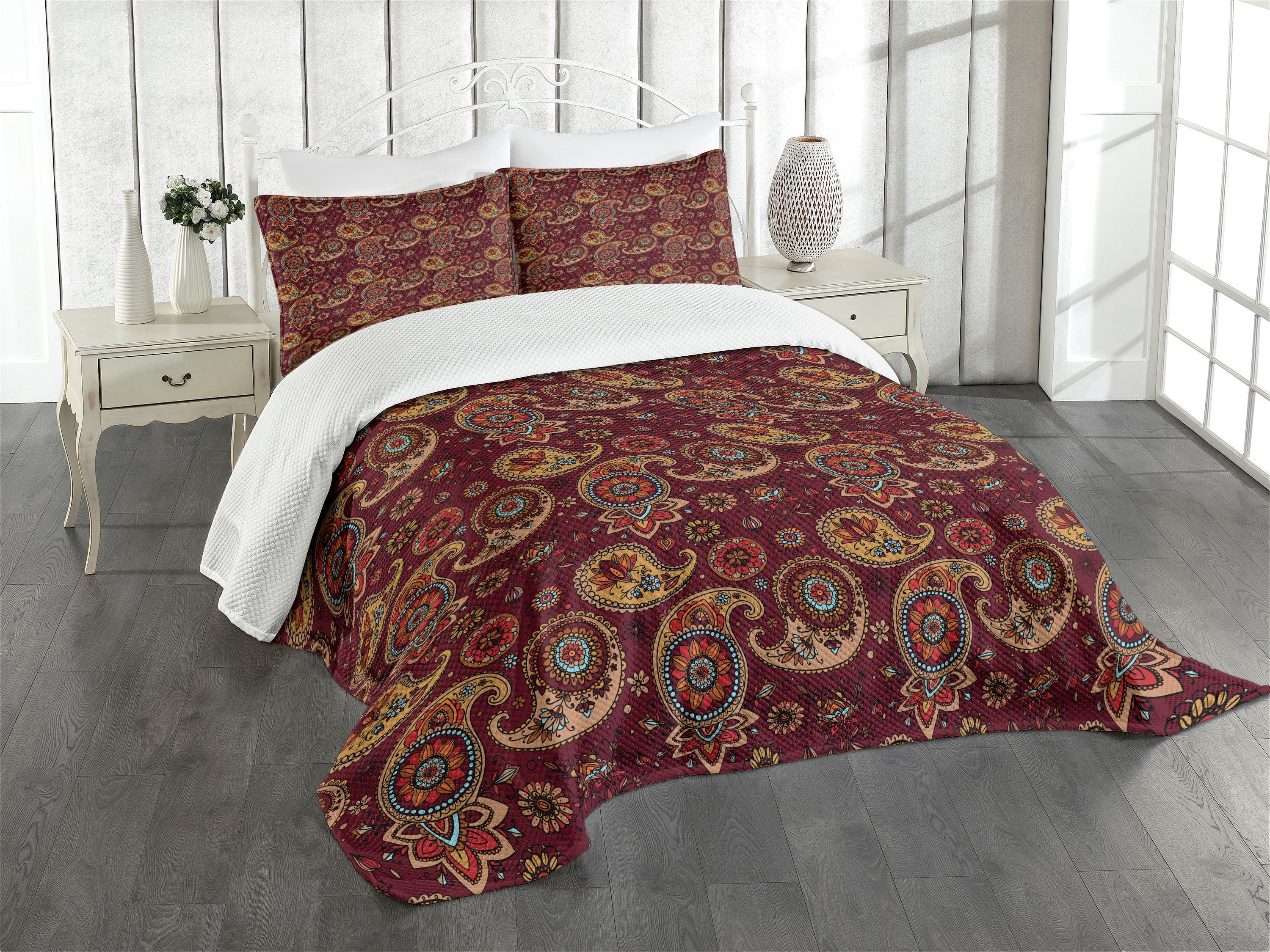 Ambesonne Paisley Quilted Bedspread Set 3 Pcs, Middle Eastern Tribual ...