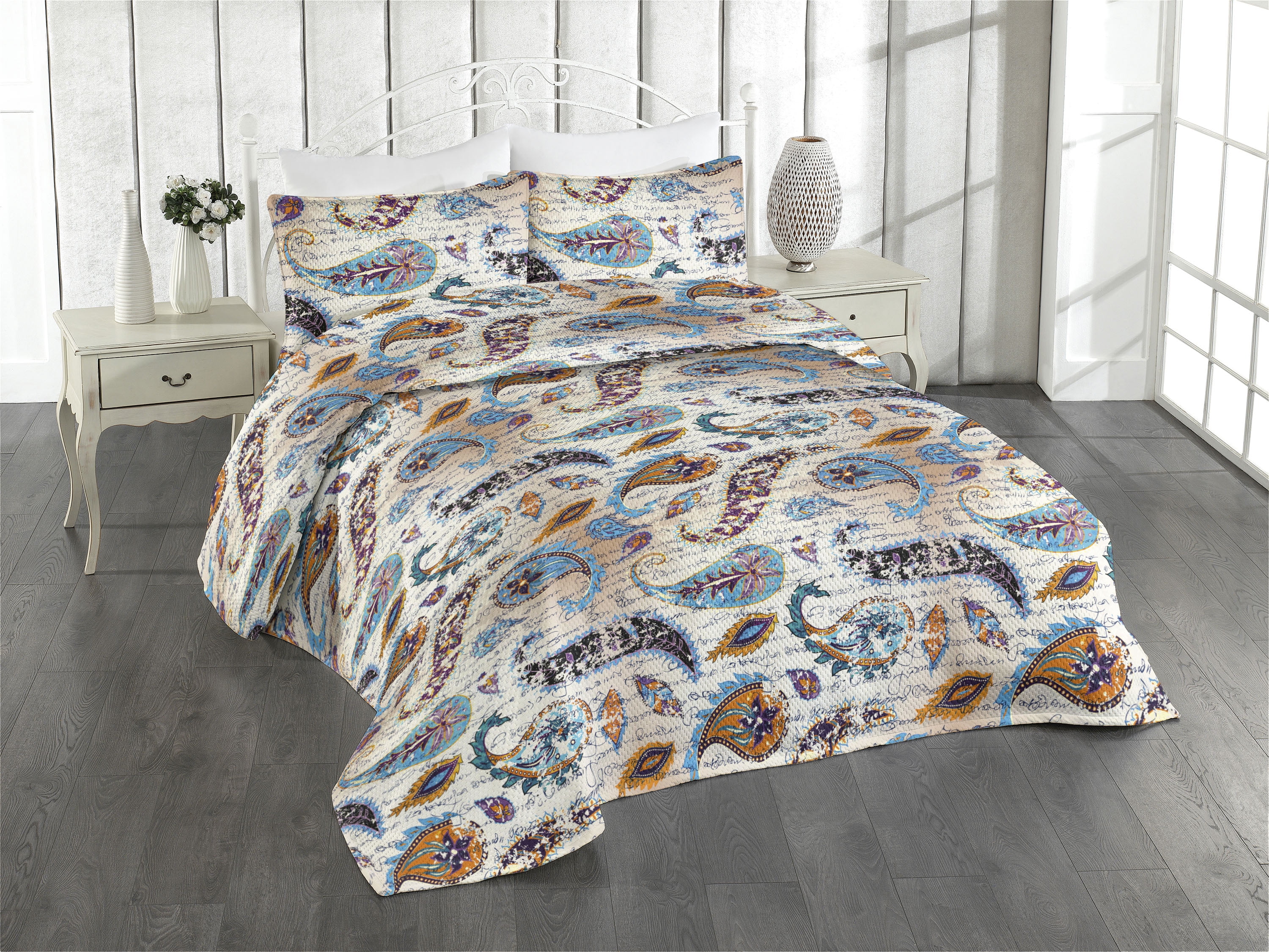 Ambesonne Paisley Quilted Bedspread Set 3 Pcs, Romance Letter Floral ...