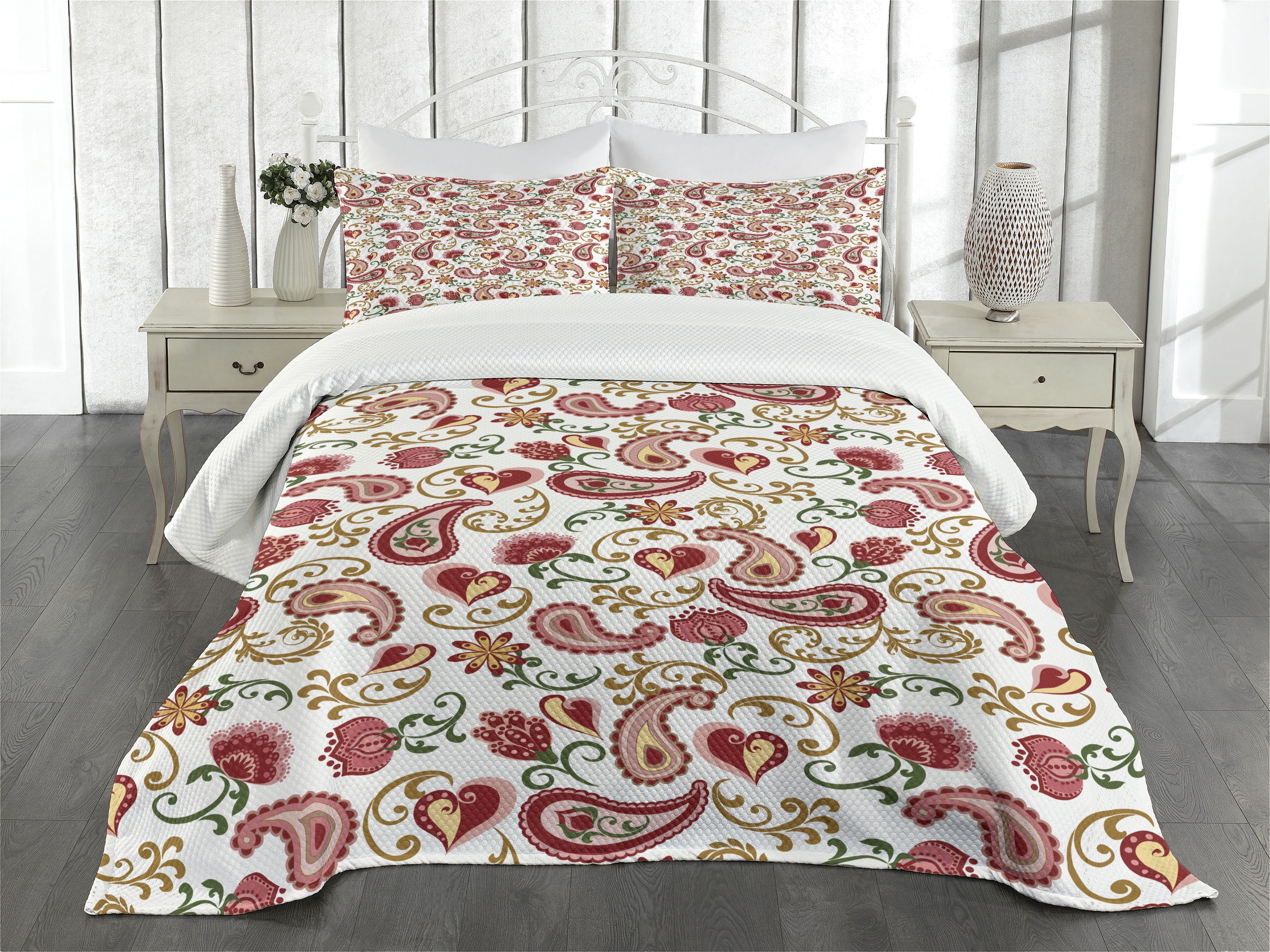 Ambesonne Paisley Quilted Bedspread Set 3 Pcs, Style Rose Motif, Queen ...
