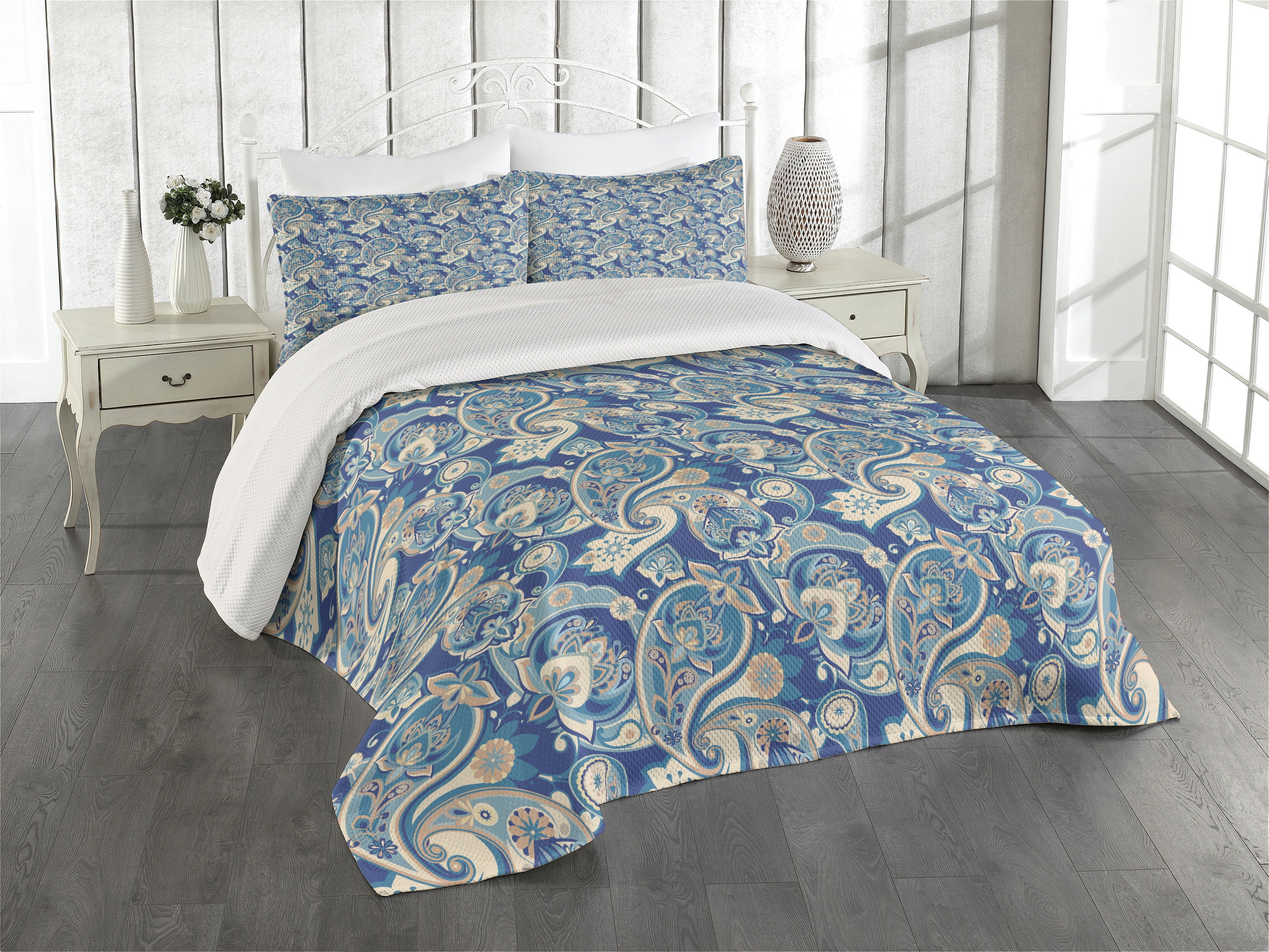 Ambesonne Paisley Quilted Coverlet 3 Pcs, Inspired Persian, King Size, Teal Navy and Tan ...