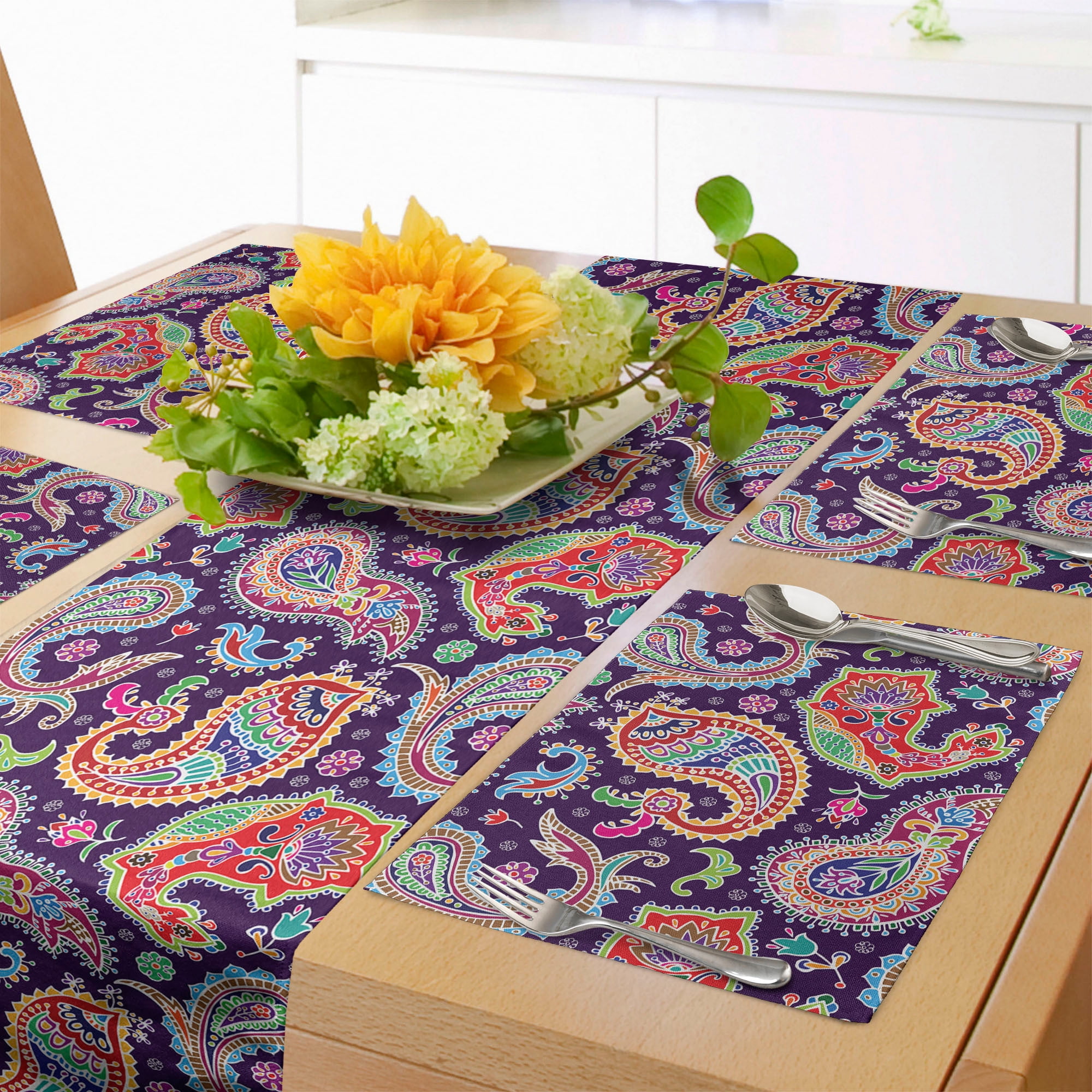 Ambesonne Paisley Table Runner & Placemats, Retro Hippie Motives ...
