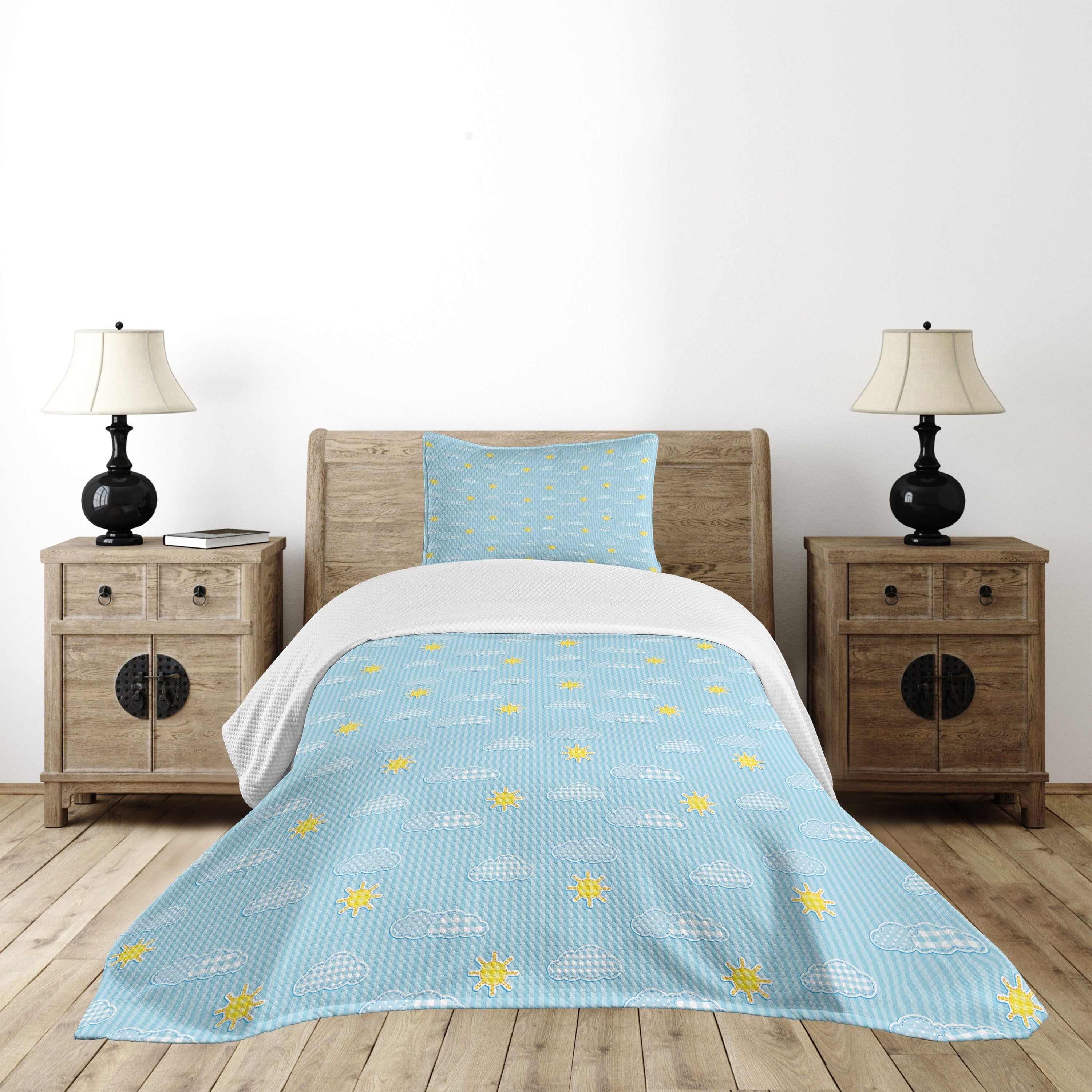 Ambesonne Pale Blue Quilted Bedspread Set 2 Pcs, Clouds and Sun, Twin ...