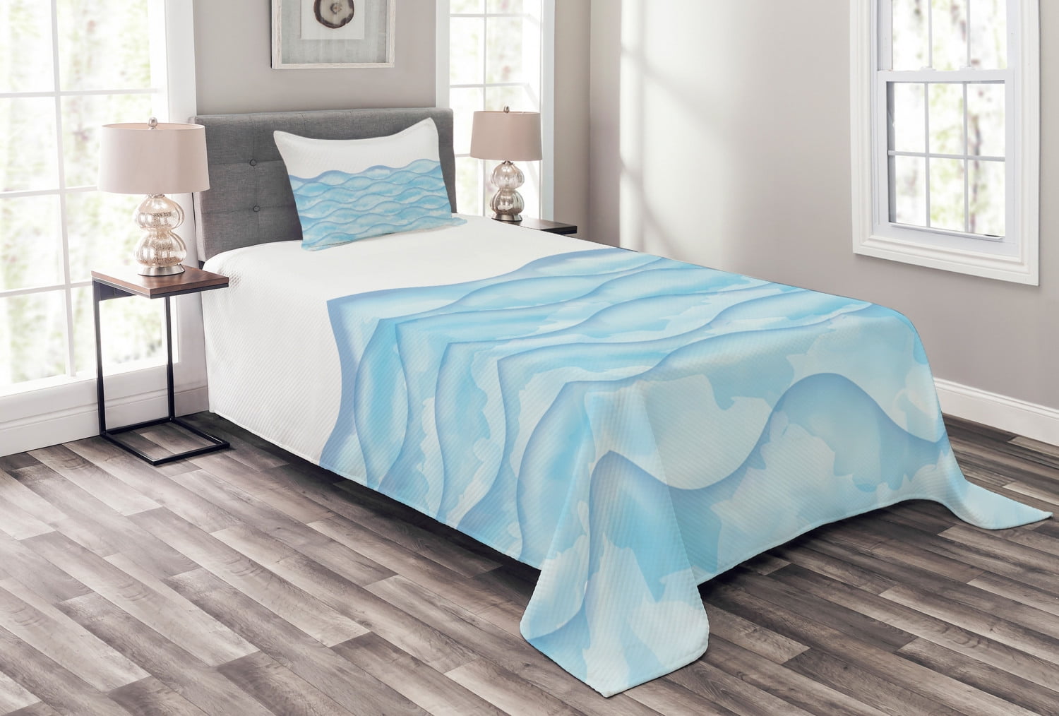 Ambesonne Pale Blue Quilted Bedspread Set 2 Pcs, Sea Ocean Waves Art ...