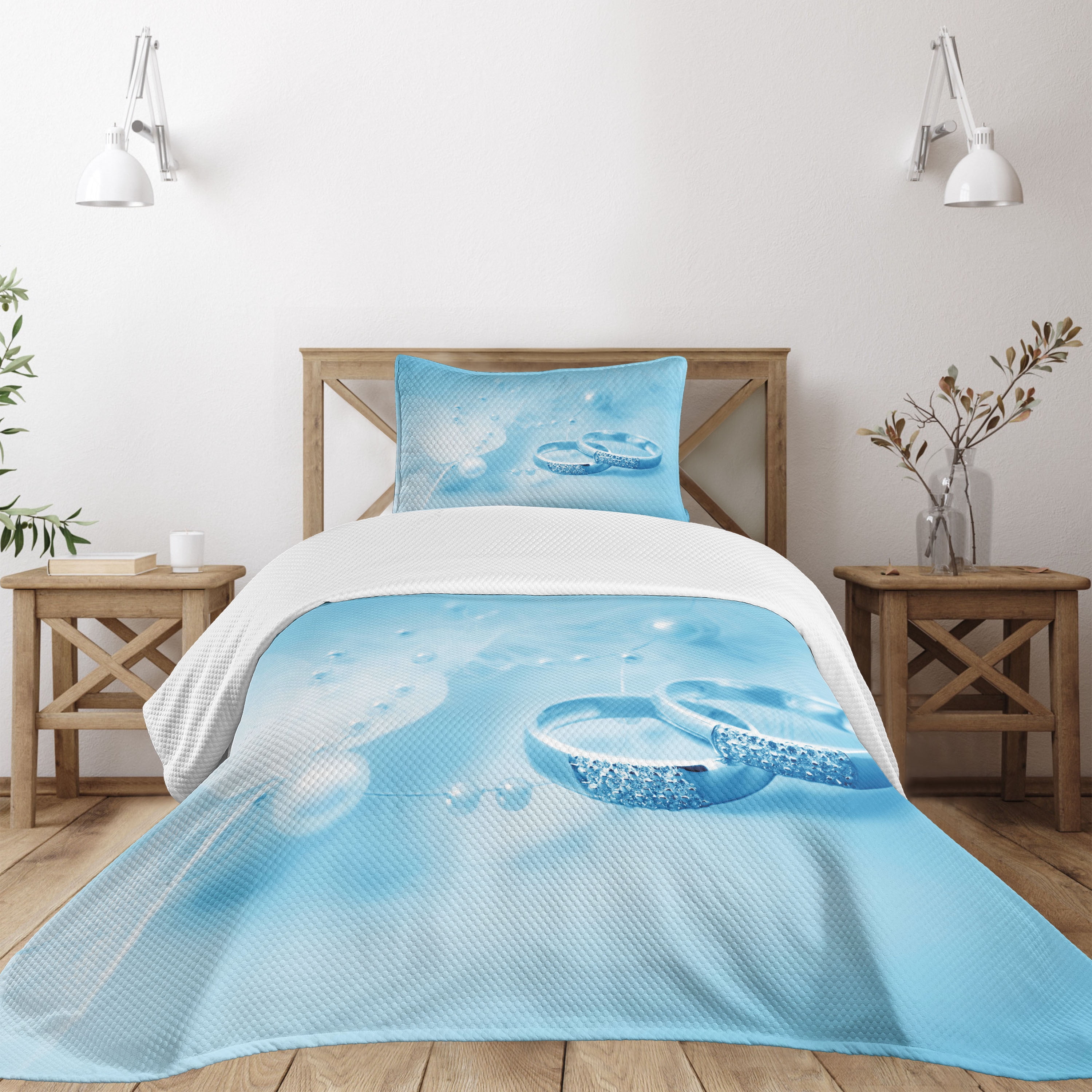Ambesonne Pale Blue Quilted Bedspread Set 2 Pcs, Wedding Rings Pearls ...