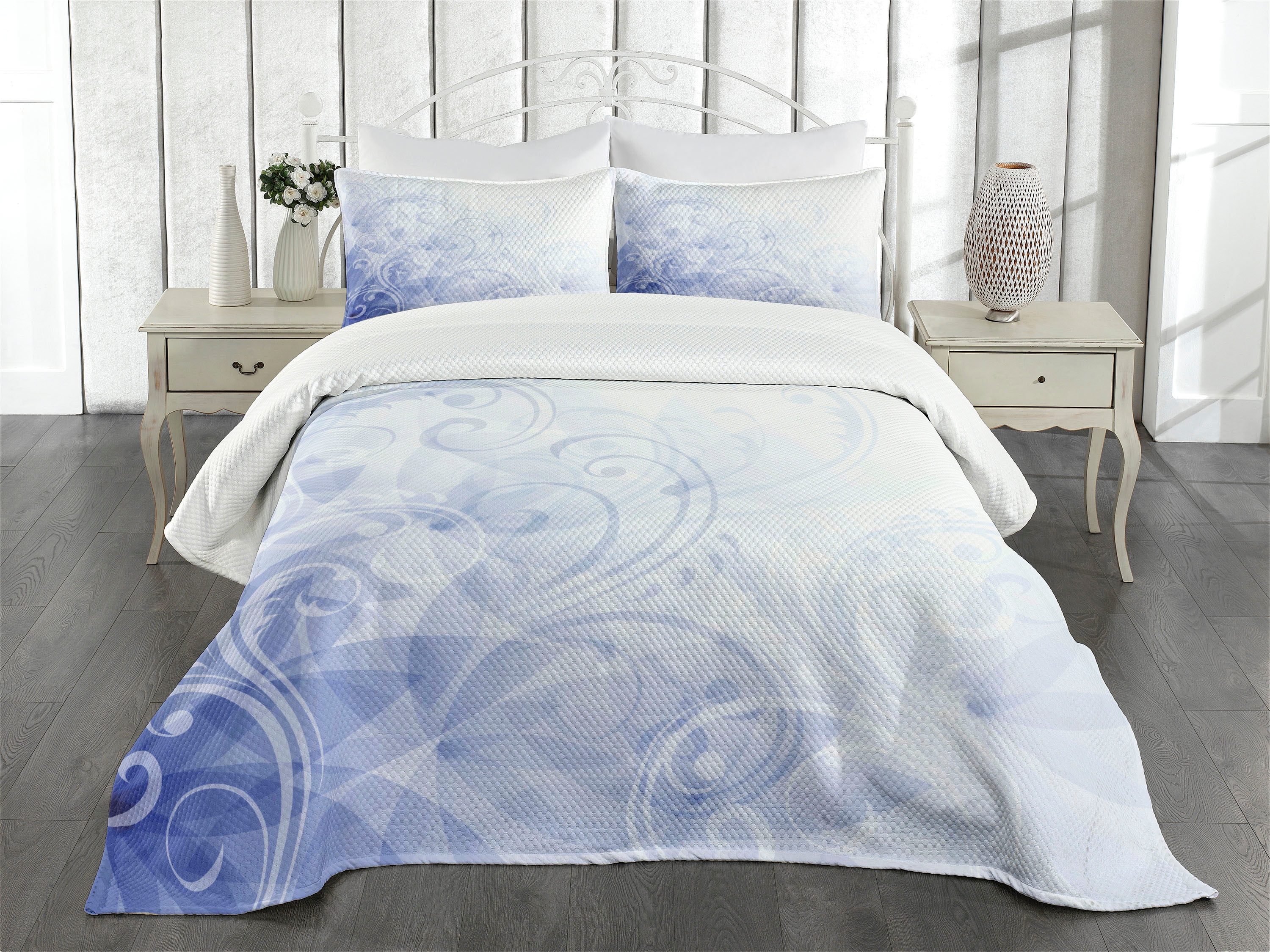 Ambesonne Pale Blue Quilted Bedspread Set 3 Pcs, Abstract Floral Curl ...