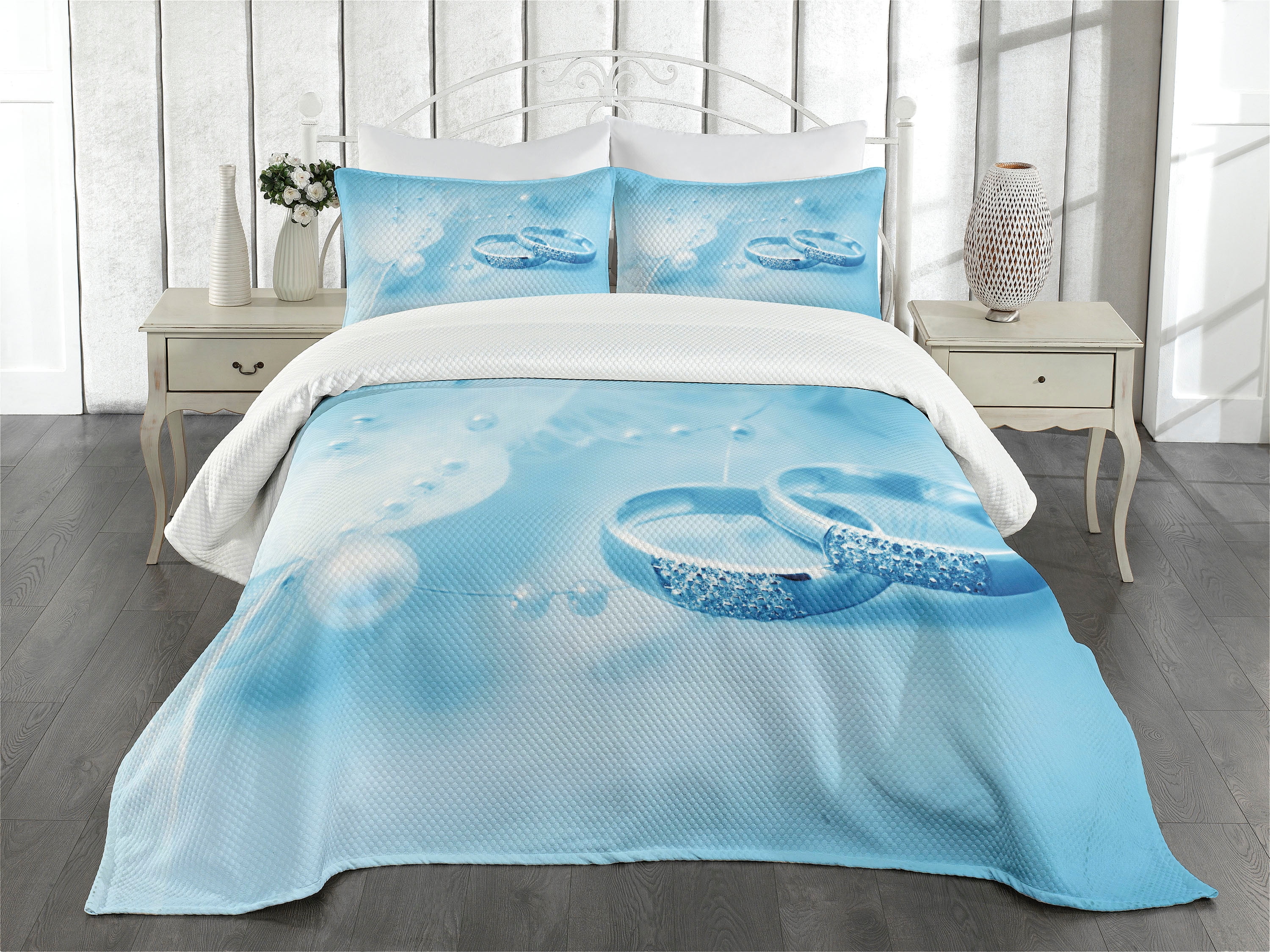 Ambesonne Pale Blue Quilted Bedspread Set 3 Pcs, Wedding Rings Pearls ...