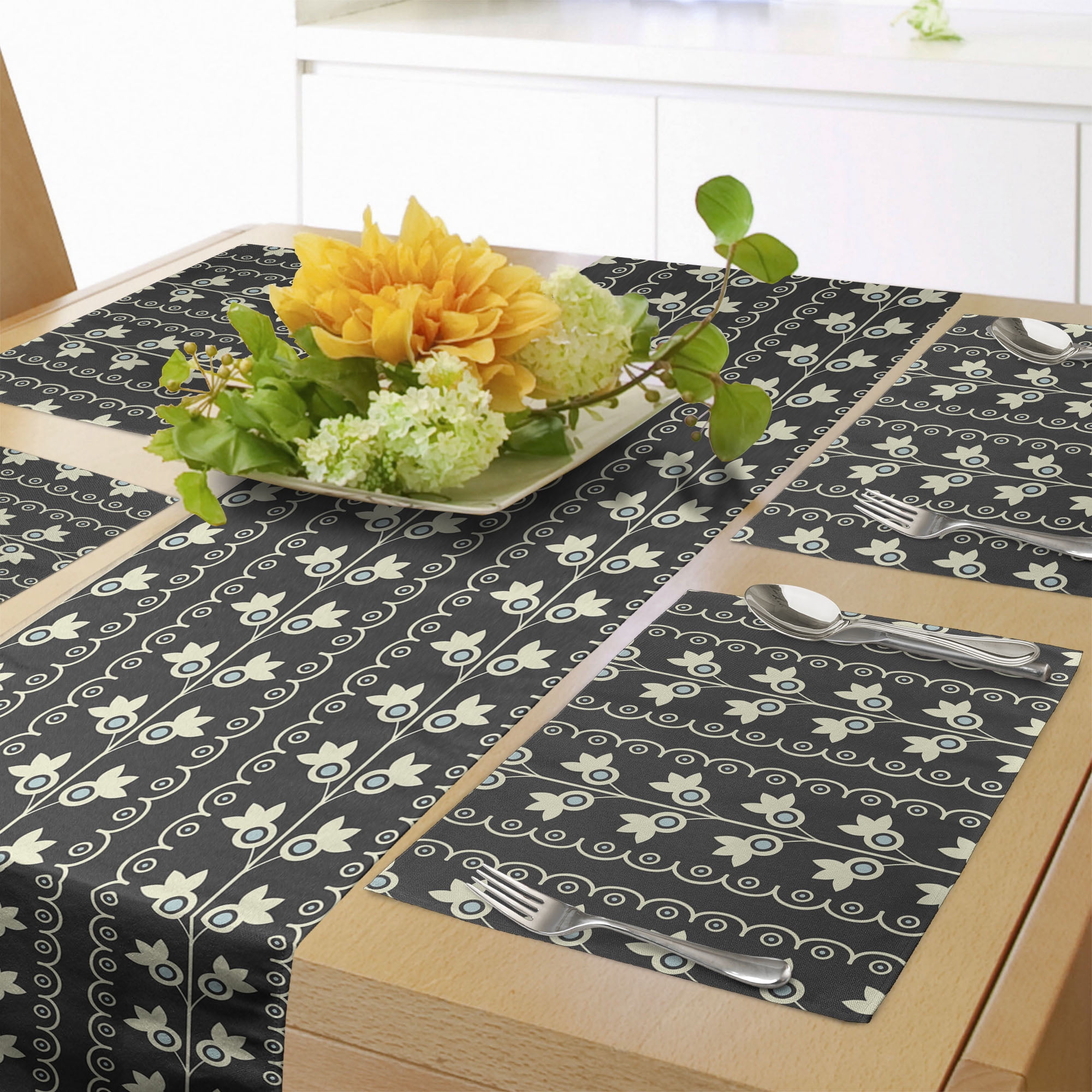 Ambesonne Pale Blue Table Runner & Placemats, Spring Flowers Leaf ...