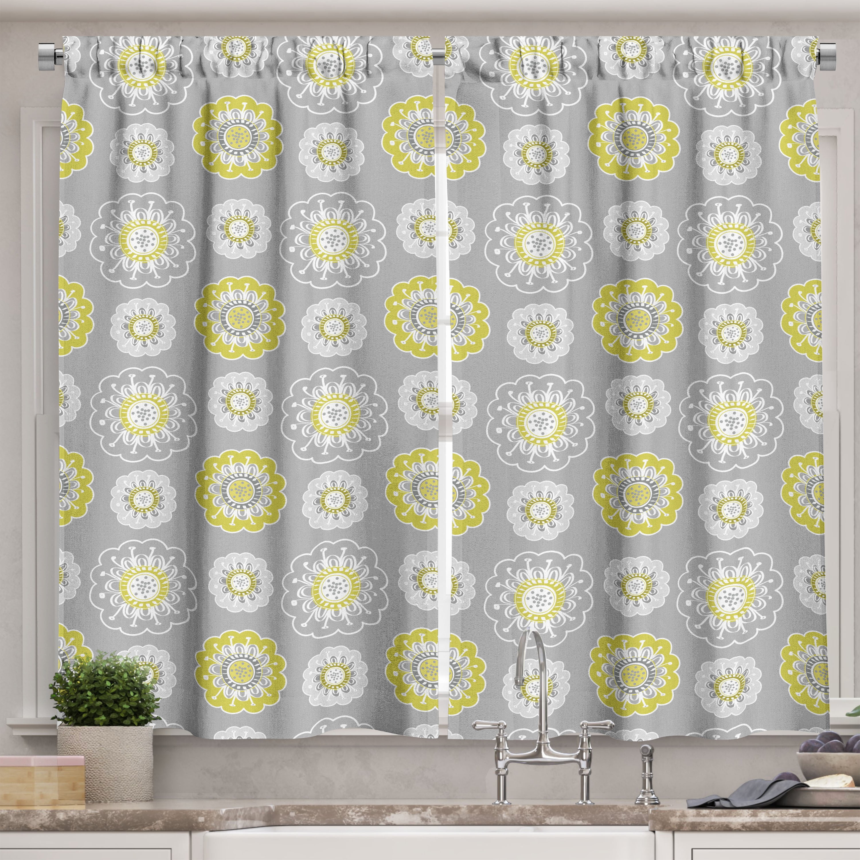 Ambesonne Pale Grey Kitchen Curtains, Flowers Swirls, 55"x39", Mustard ...