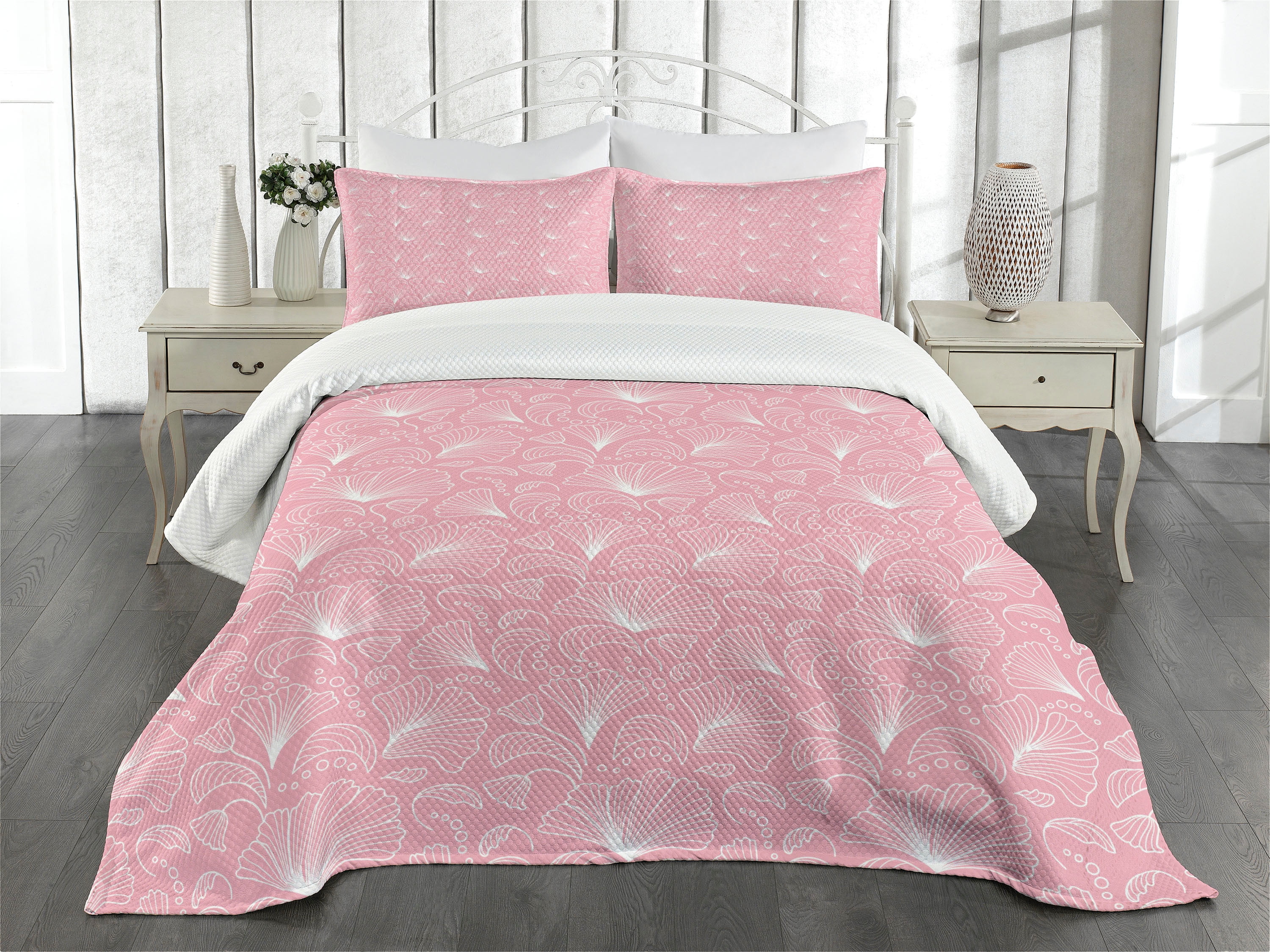 Ambesonne Pale Pink Quilted Bedspread Set 3 Pcs, Ornate Floral Lines ...