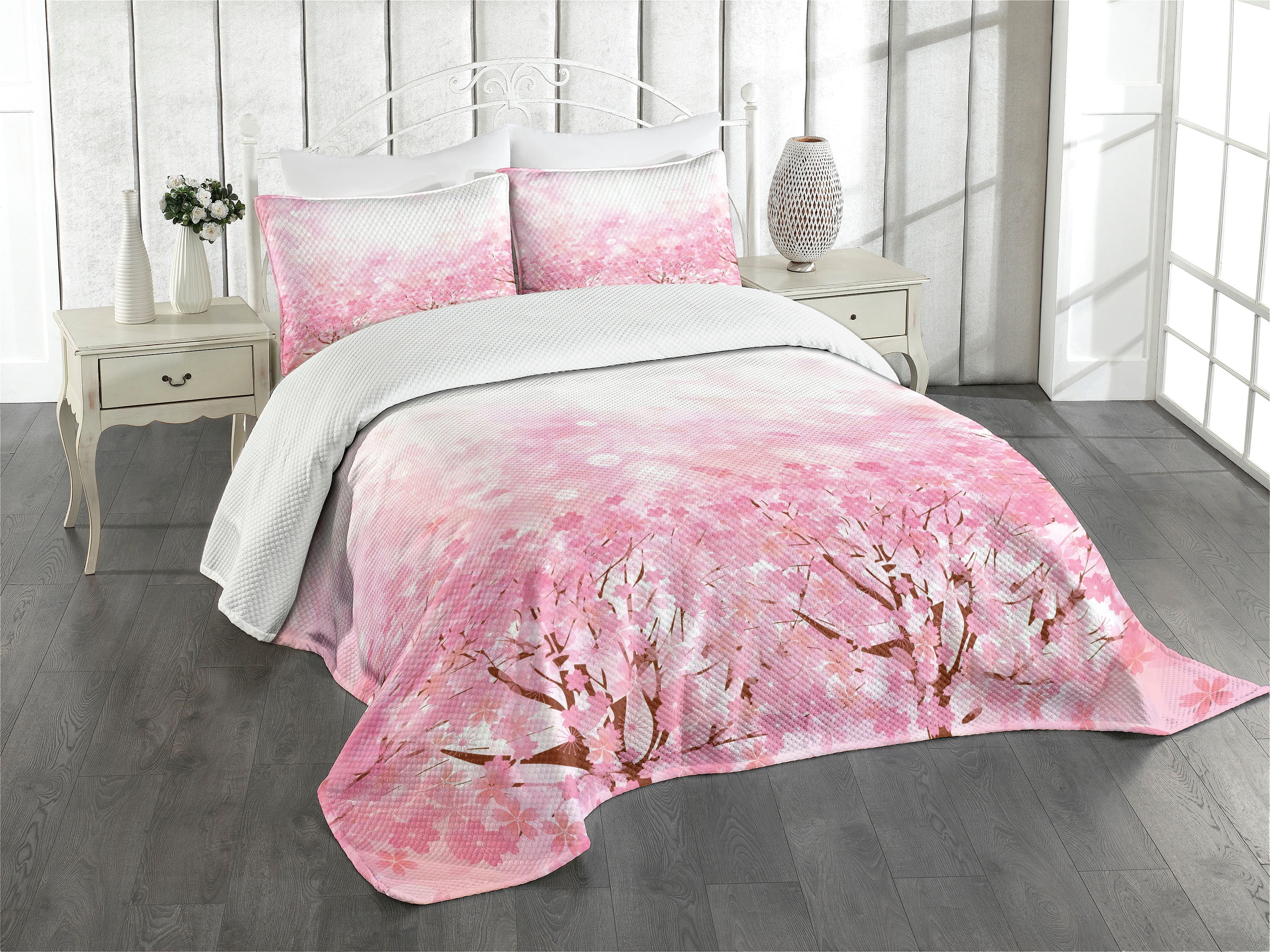 Ambesonne Pale Pink Quilted Bedspread Set 3 Pcs, Romatic Sakura Tree ...