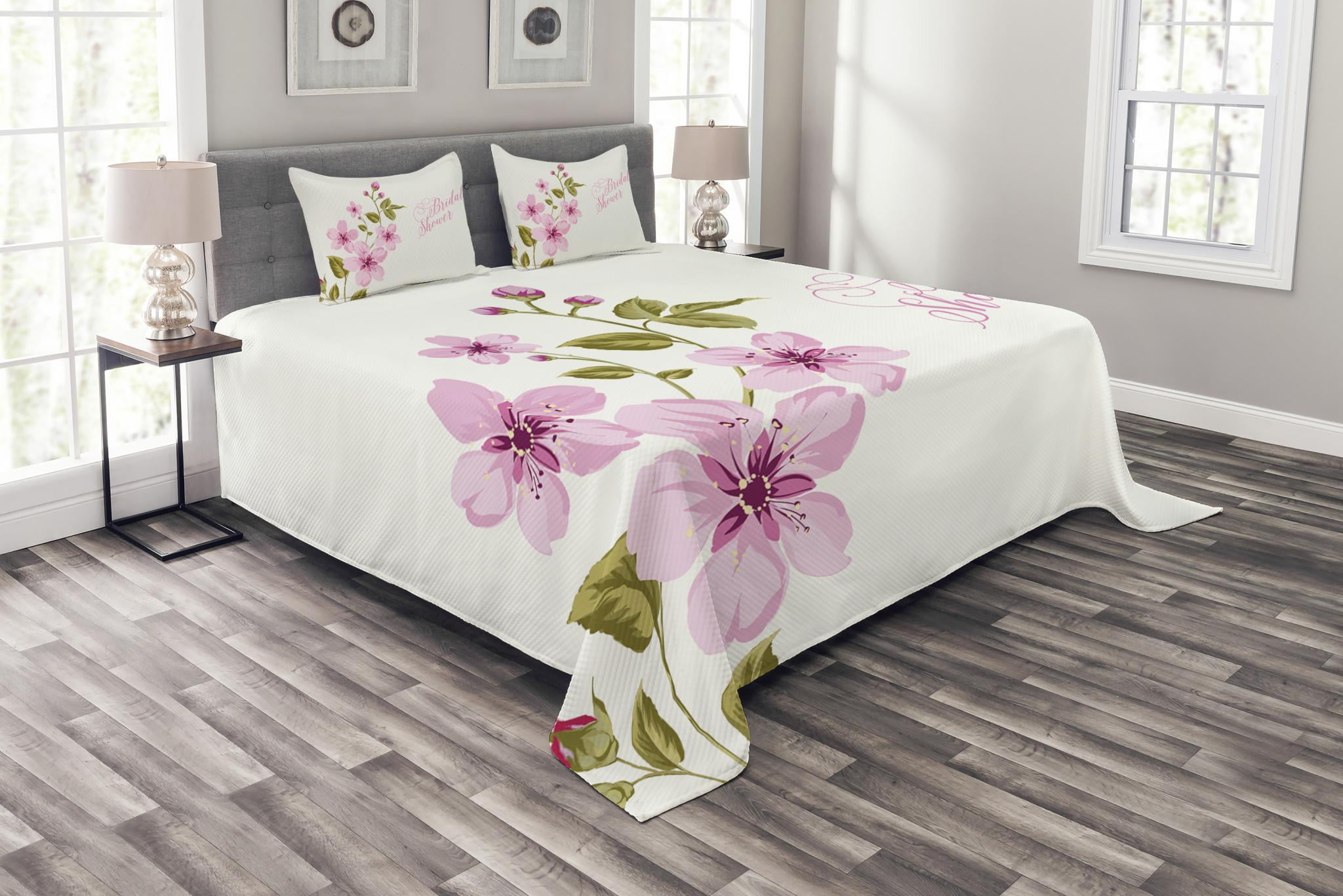 Ambesonne Pale Pink Quilted Bedspread Set 3 Pcs, Spring Bridal Flowers ...