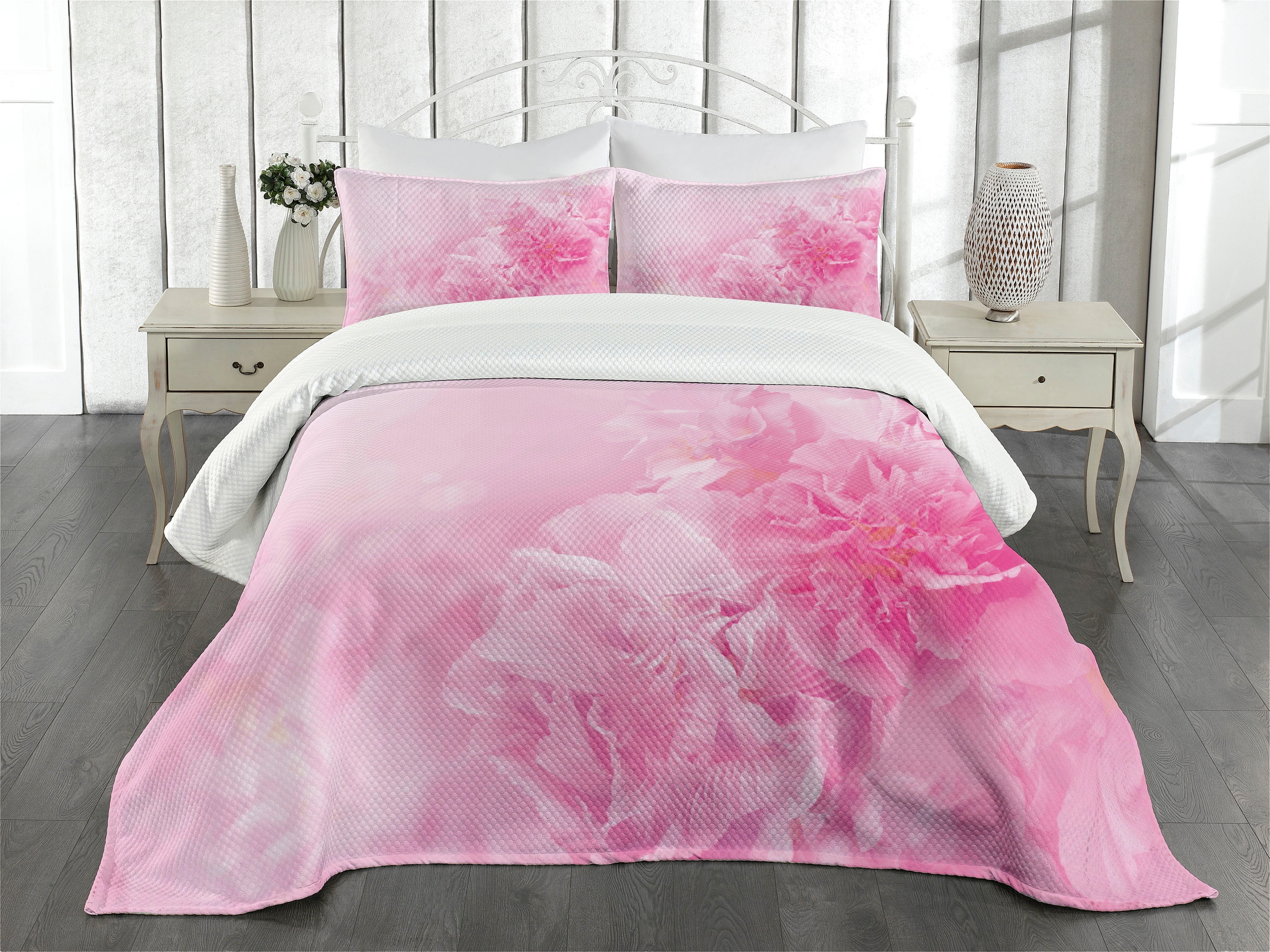 Ambesonne Pale Pink Quilted Bedspread Set 3 Pcs, Spring Flora Shabby ...