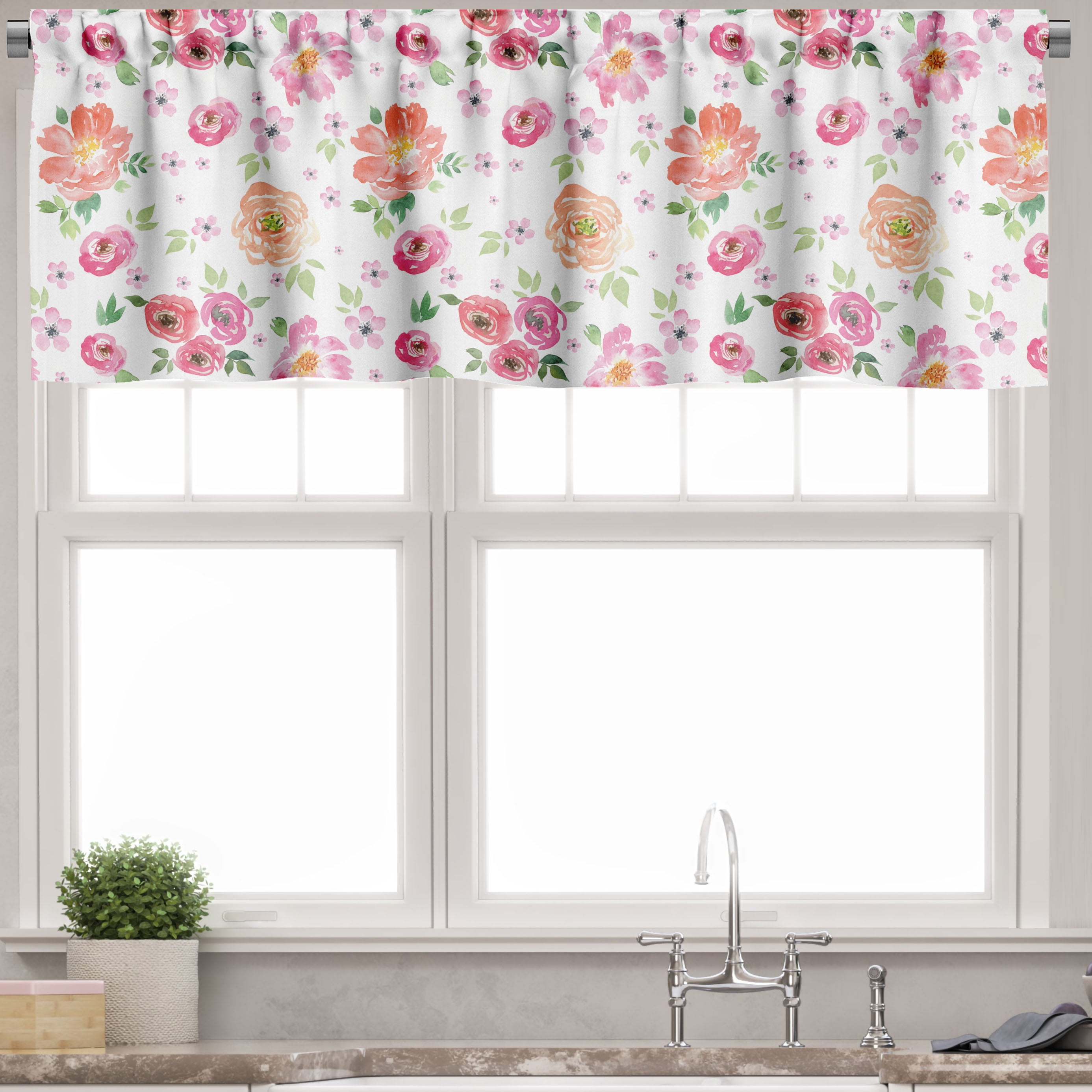 Ambesonne Pale Pink Window Valance, Watercolor Meadow, 54" X 18 ...
