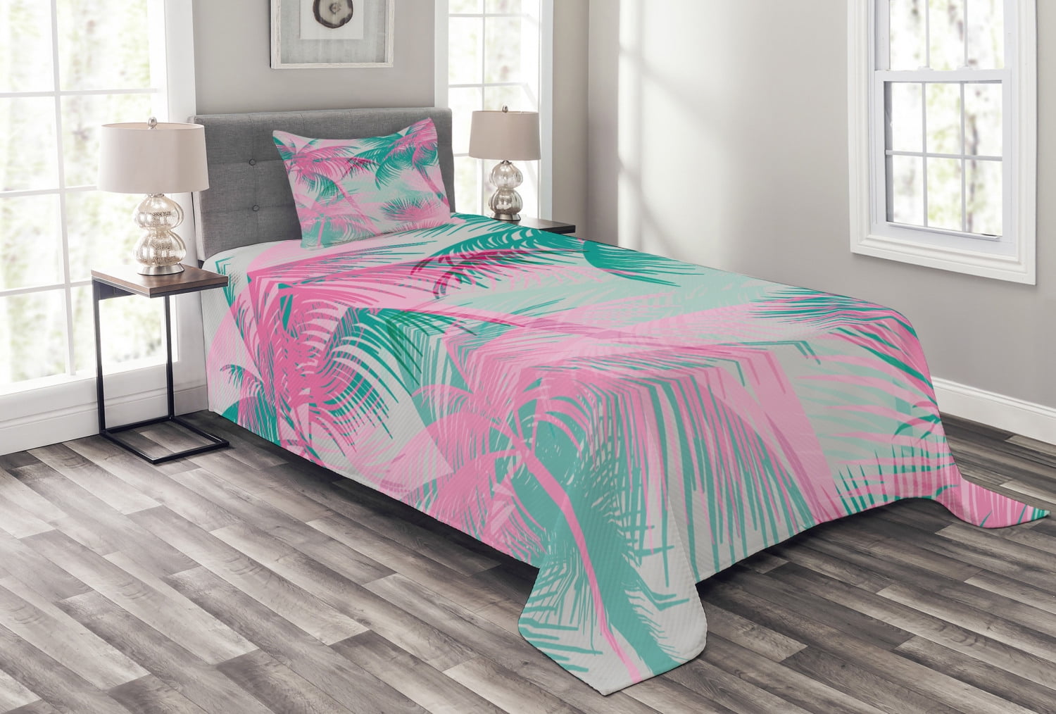 Ambesonne Palm Leaf Quilted Bedspread Set 2 Pcs, Beach Party Vintage ...