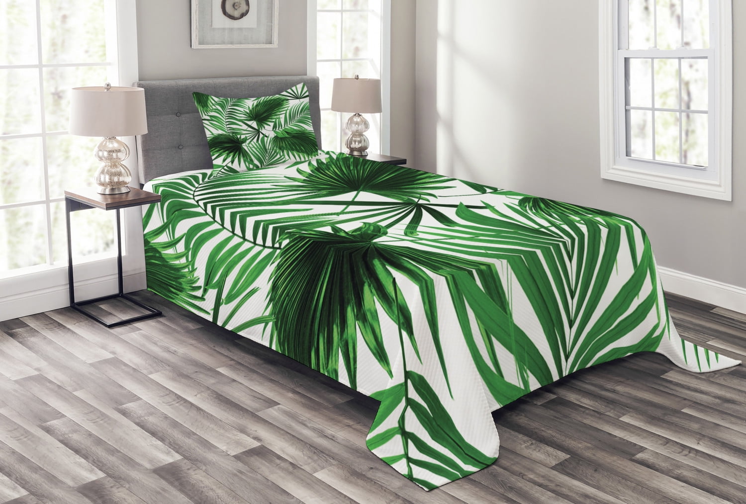 Ambesonne Palm Leaf Quilted Bedspread Set 2 Pcs, Vivid Leaves Growth ...
