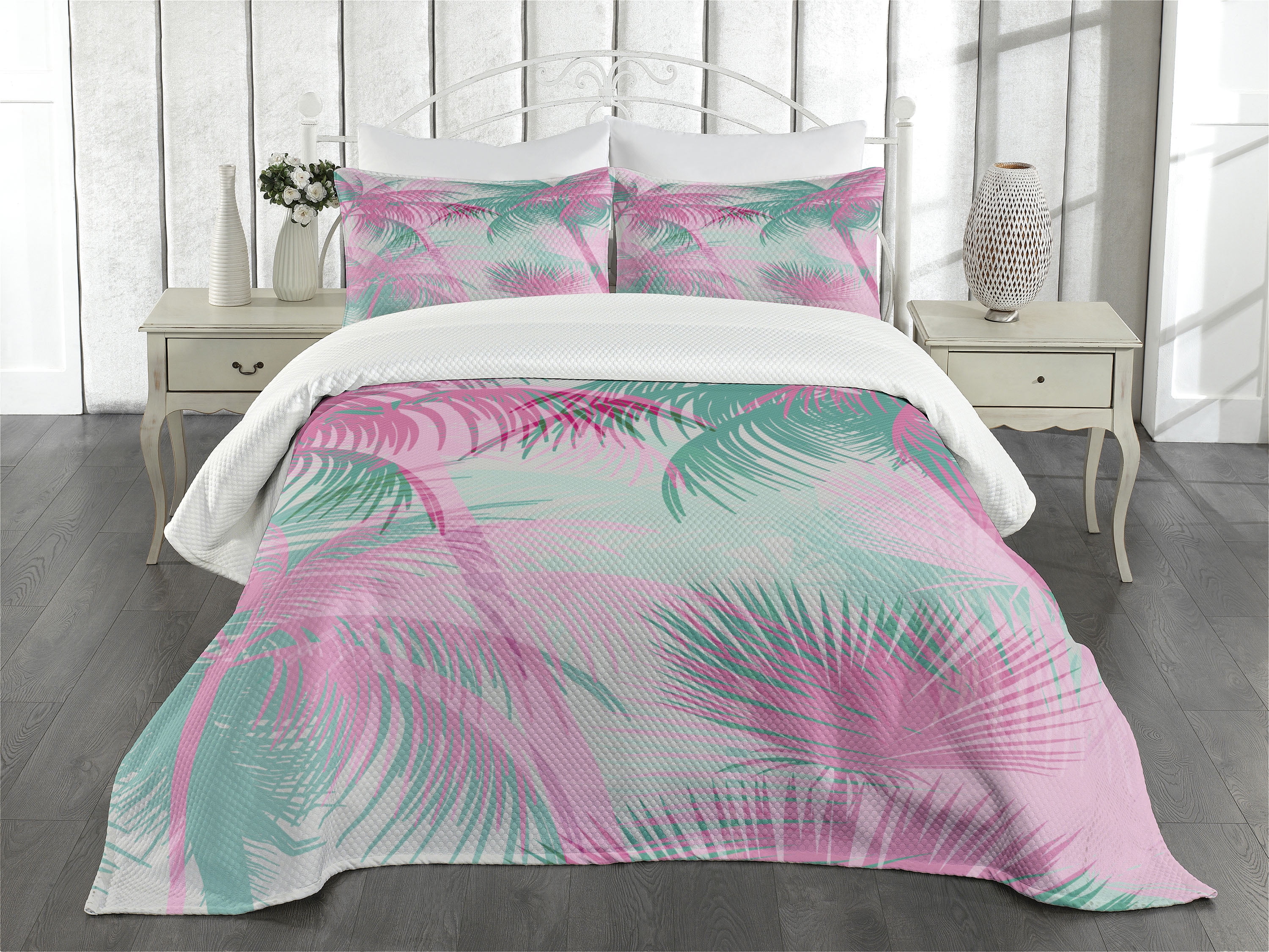 Ambesonne Palm Leaf Quilted Bedspread Set 3 Pcs, Beach Party Vintage ...