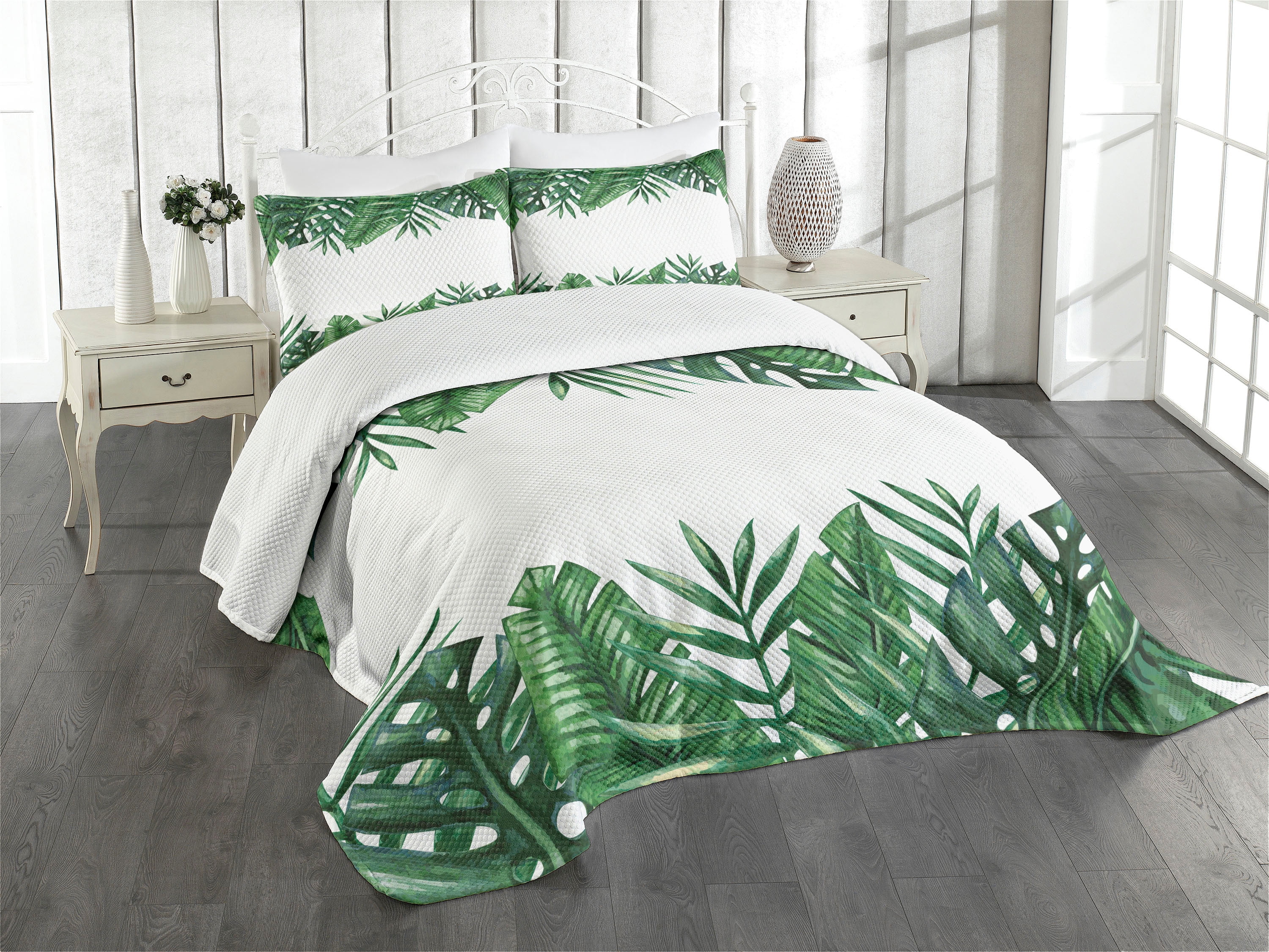 Ambesonne Palm Leaf Quilted Bedspread Set 3 Pcs, Forest Leaves Frame ...