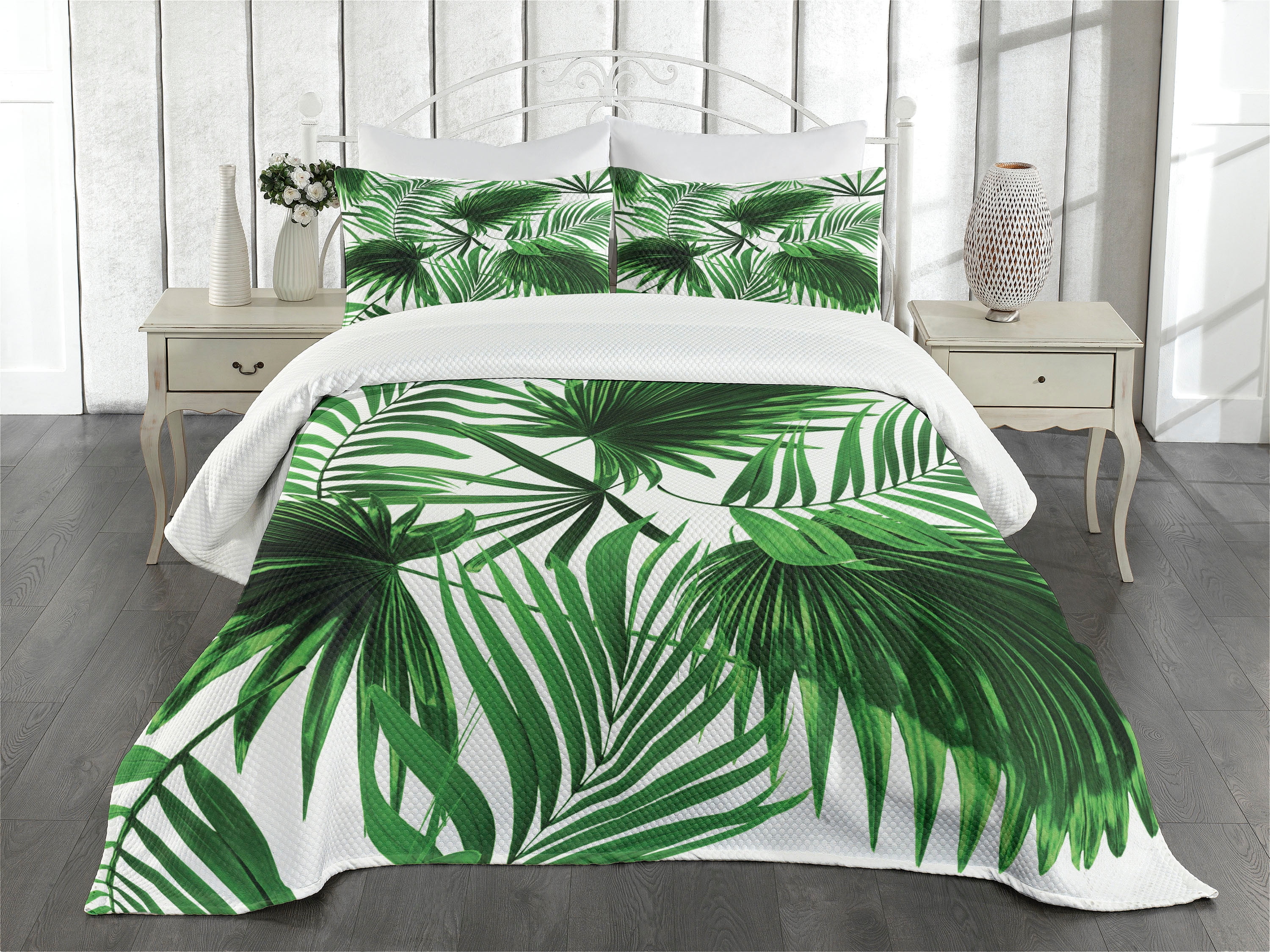 Ambesonne Palm Leaf Quilted Bedspread Set 3 Pcs, Vivid Leaves Growth ...