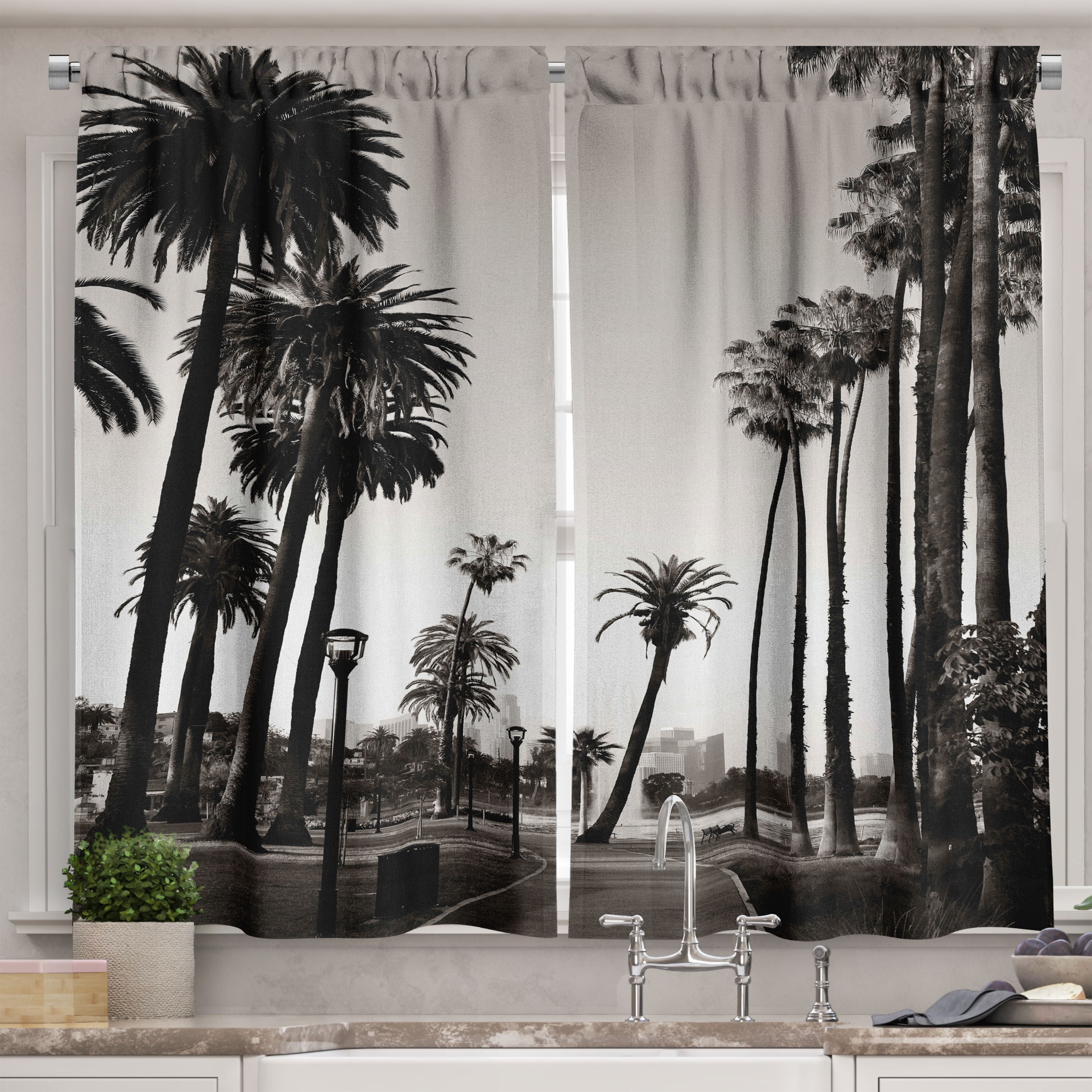Ambesonne Palm Tree Kitchen Curtains, Los Angles Park View, 55"x39 ...