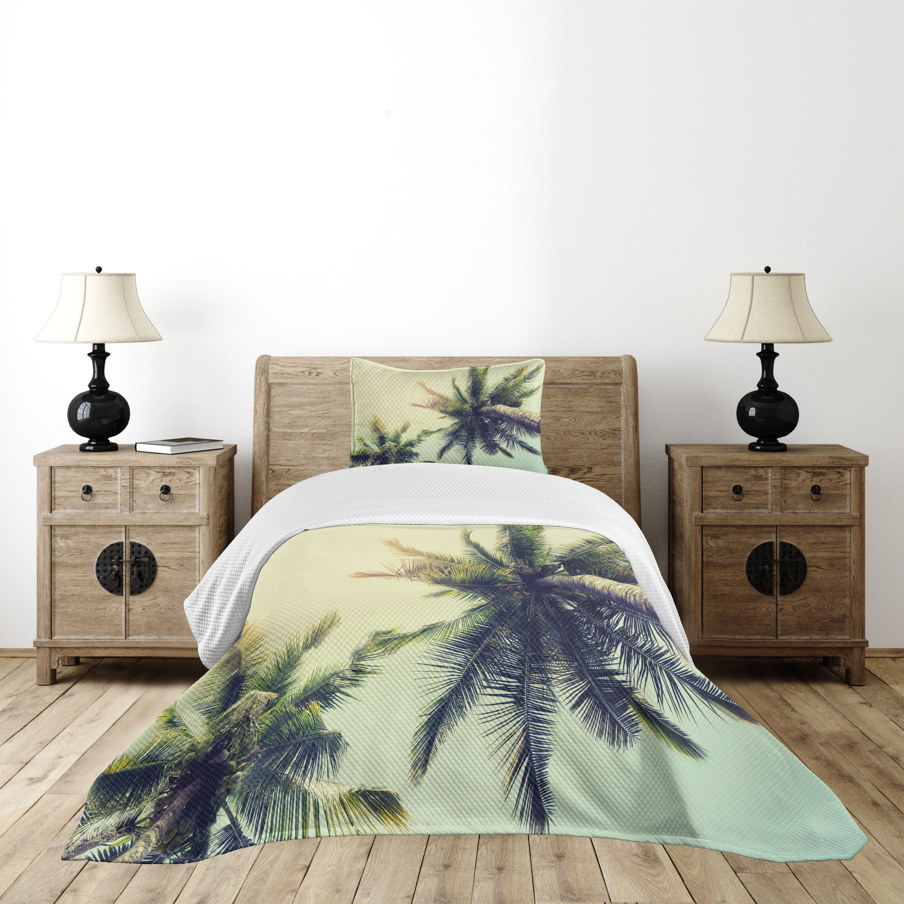 Ambesonne Palm Tree Quilted Bedspread Set 2 Pcs, Caribbean Coastline ...